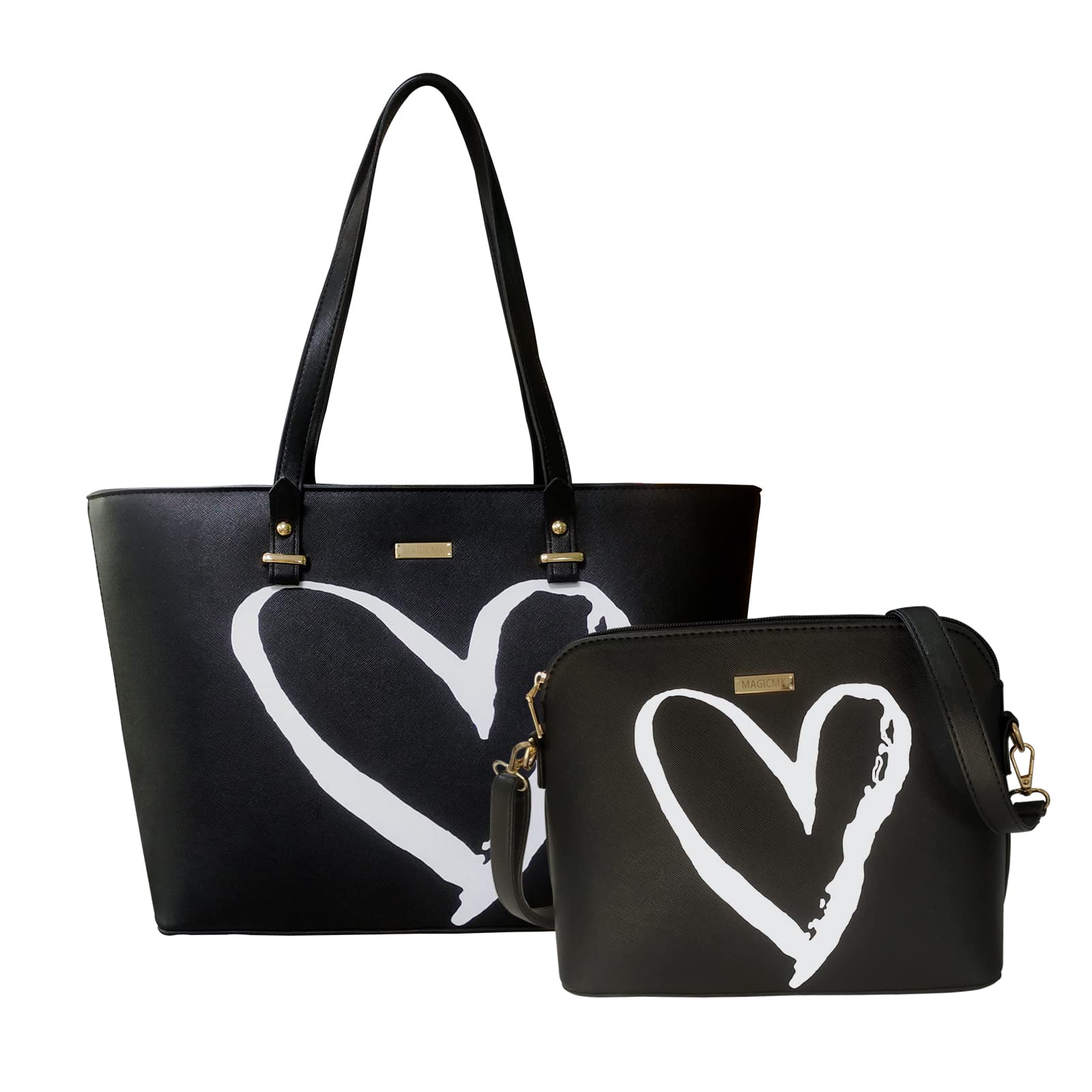 Satchel Bags for Women Fashion Handbag Leather Shoulder Bag Large Capacity Black Work Bag 2 PCS Set (Heart)