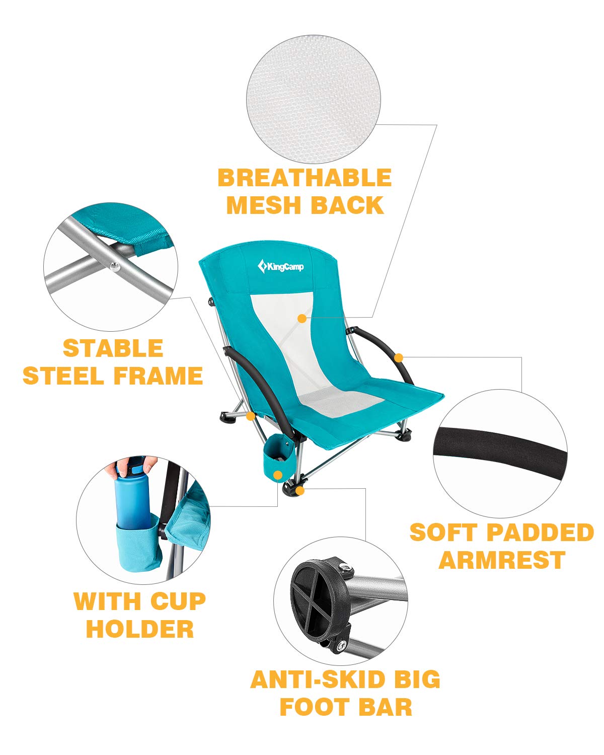 KingCamp Profile Beach, Foding Portable Lightweight Sand Chair for Big Boy with Cup Holder,Carry Bag Padded Armrest for Outdoor Camping Lawn Concert Traveling Festival, Low Back, LowBack_Cyan