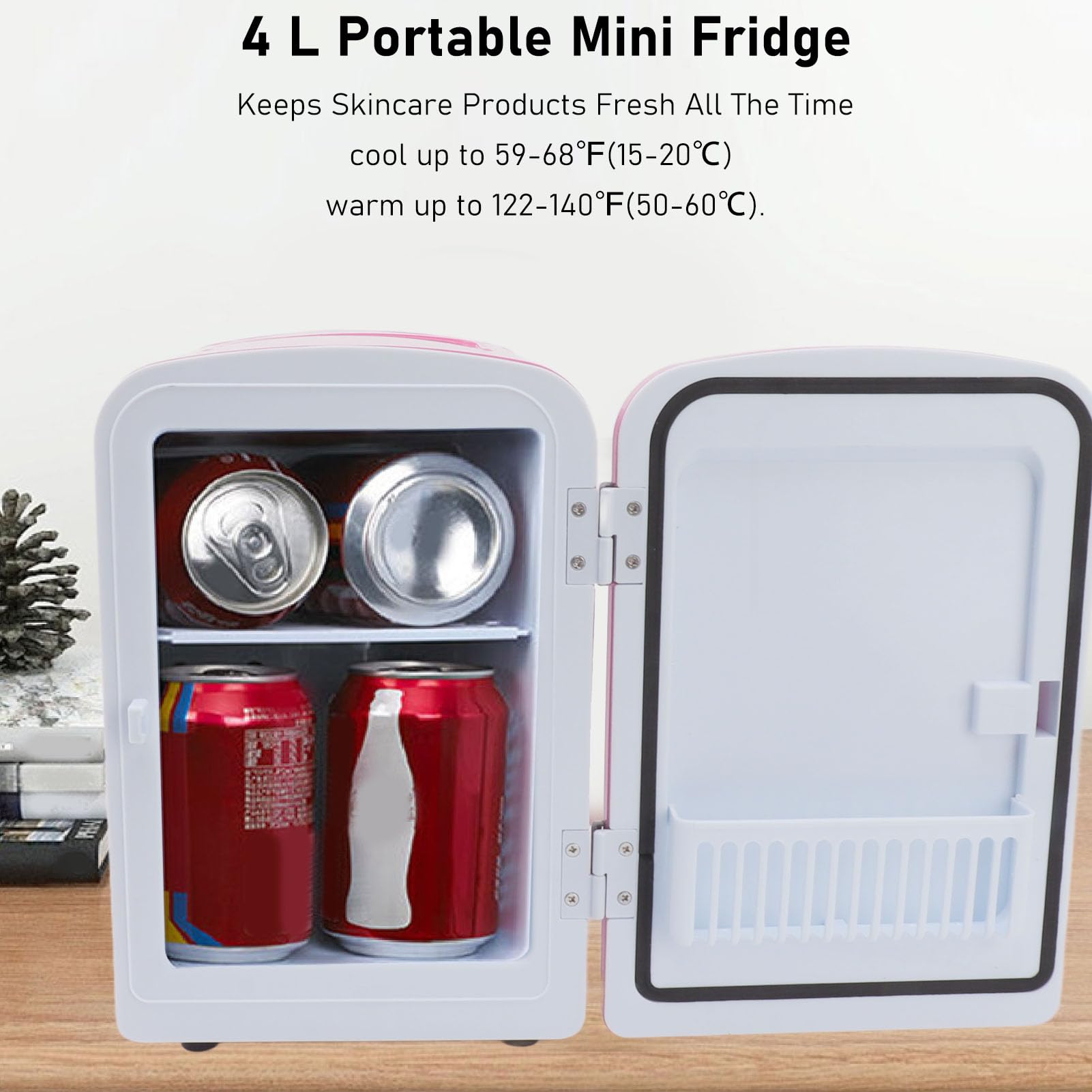 Luqeeg Mini Beauty Fridge, 4L Portable Refrigerator, Cooler Warmer Personal Refrigerator Desktop Accessory for Home Office Dorm Travel for Skin Care Beverage Medications, DC 12V Car Plug (US Plug)