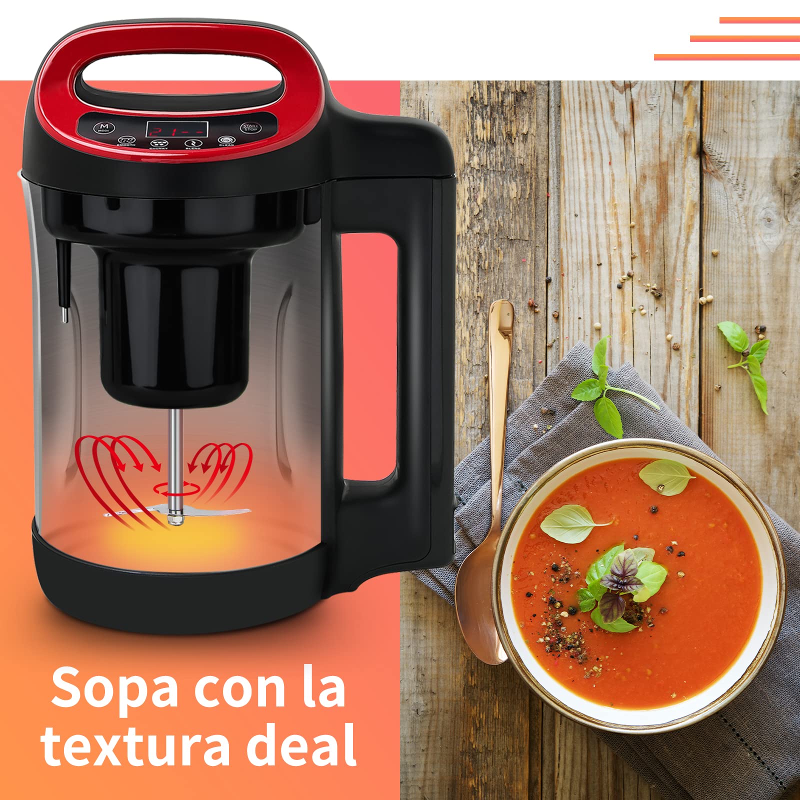 Potlimepan Soup Maker 1.6 L, 6 in 1 Multi-Funcation Soup and Smoothie Maker with Smart Control Panel, Stainless Steel Hot Soup Maker Electric, Makes 2-5 Servings Smart Living for Home Use Red