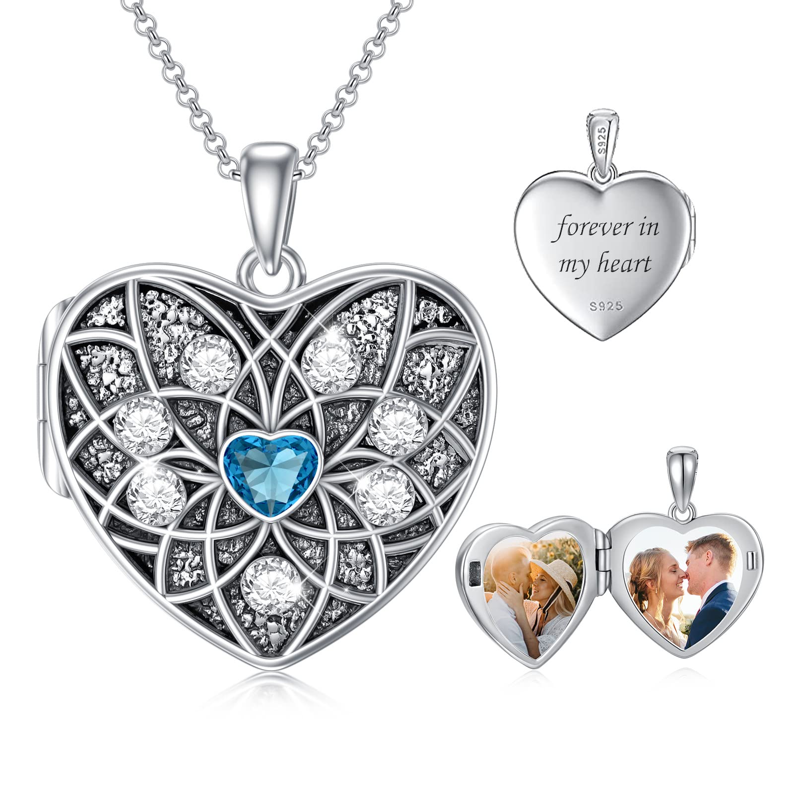 Shusukue Lotus Locket Necklace That Holds Pictures Personalized Birthstone Heart Locket Necklace Boho Flower Pendant Necklace 925 Sterling Silver Mother’s Day Jewelry Gift for Women