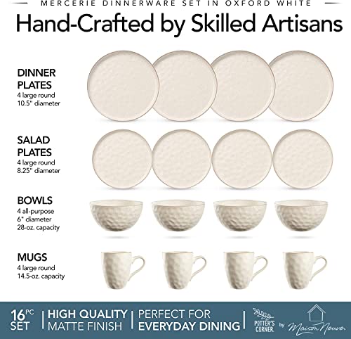 Potter's Corner by Maison Neuve 16-Piece Dinnerware Set Service for 4 - Hand Crafted Bowls and Plates Set w/Mugs, Stoneware Dinnerware Set, Microwave & Dishwasher Safe Plate Set - Oxford White