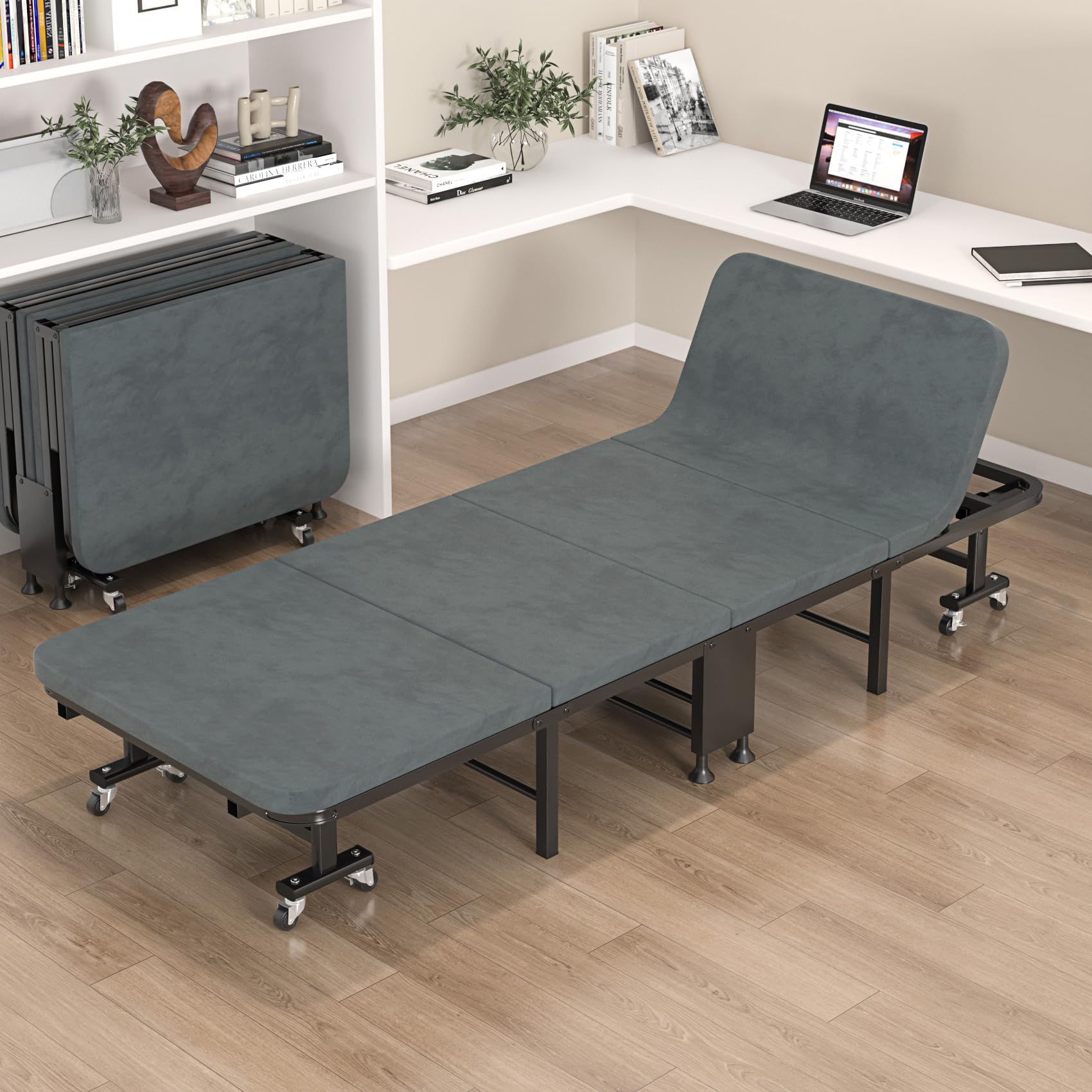 LEAIJIAFY Portable Folding Bed with Foam Mattress and Adjustable Backrest,Nap Cot Daybed for Adults,Sleep Cot Rollaway Bed for Siesta,Metal Bed Frame with 8 Wheels,23.62" Width,Office