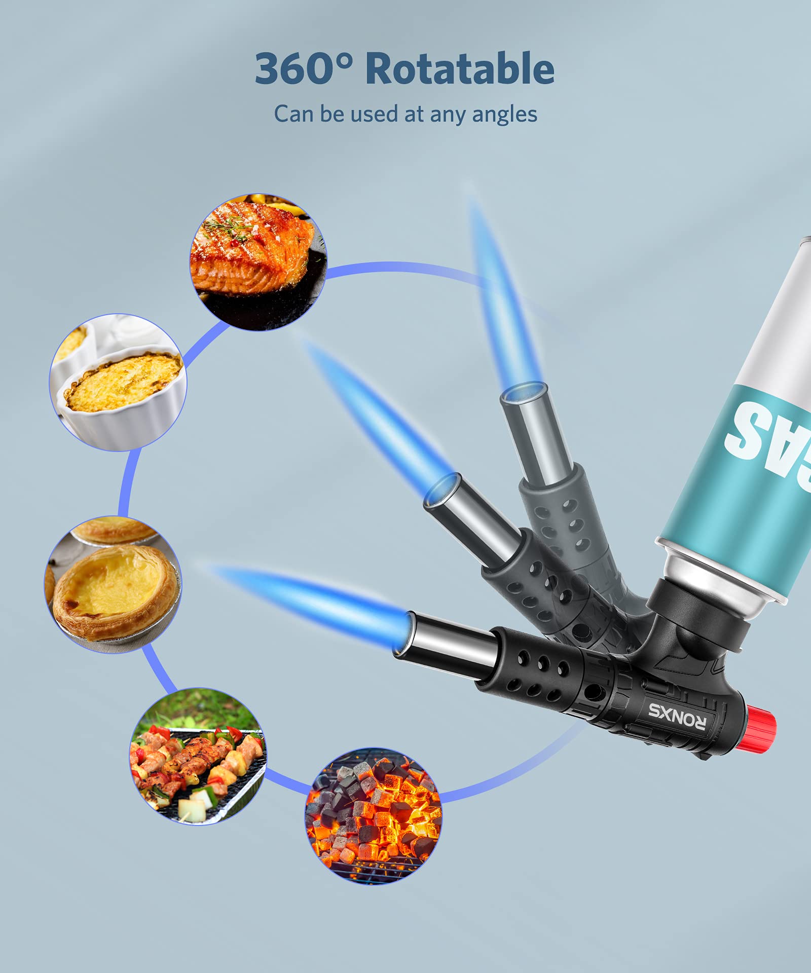 RONXS Butane Torch lighters, 2 Flame Mode Kitchen Cooking Torch with Inverted Use Adjustable Flame Culinary Blow Torch for BBQ, Baking, Sushi, Butane Not Included