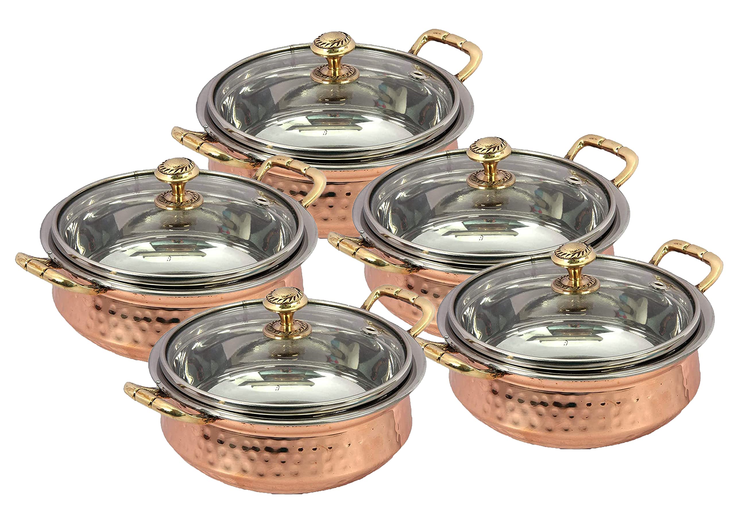 PARIJAT HANDICRAFT Indian Hammered Copper Serving Bowl for Food Soup with Handle and Glass Lid Decorative Small Seveware Pack of 6