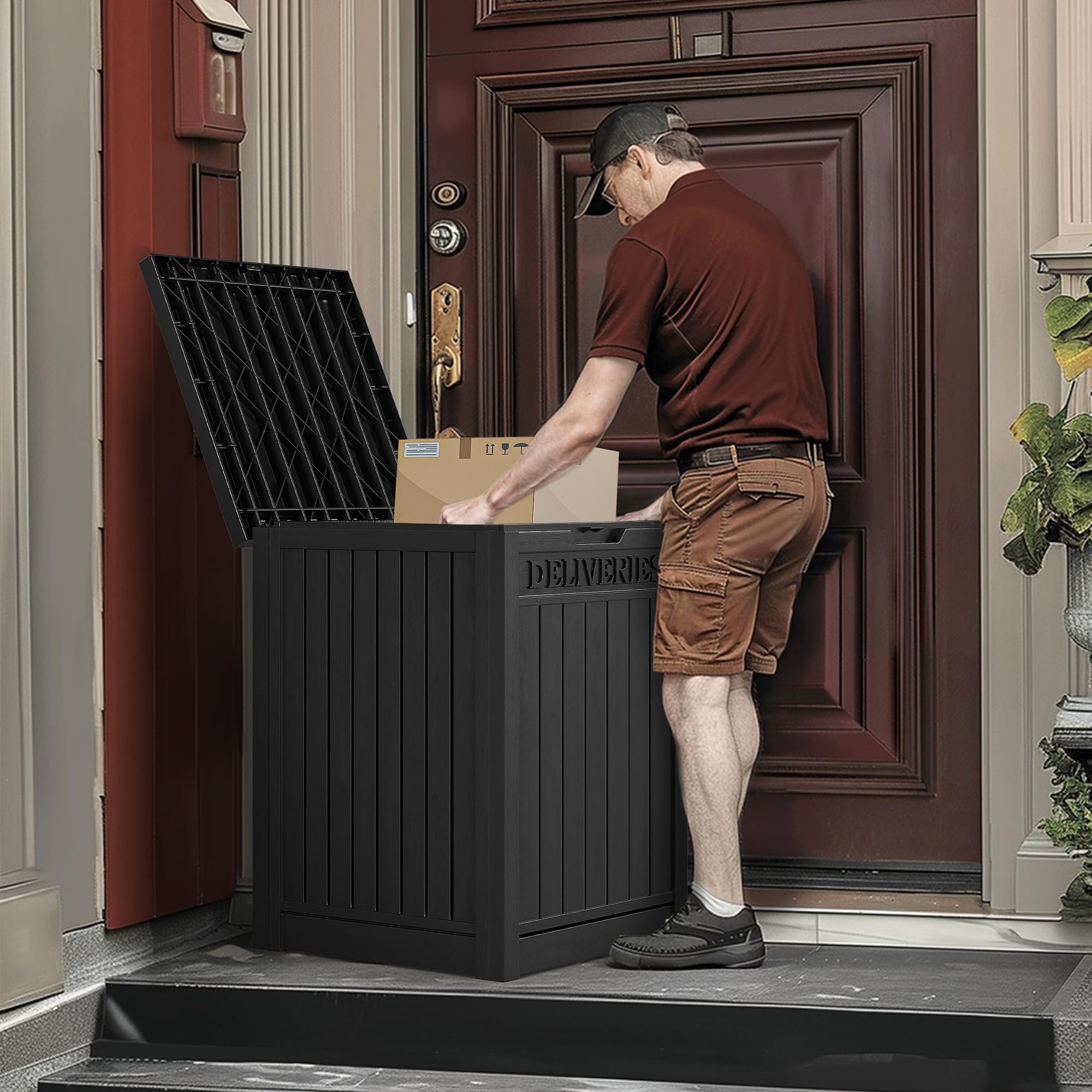 YITAHOME 51 Gallon Resin Package Delivery Box for Outside, Storage Box with Lockable Secure, Resin Deck Box for Porch, Curbside(Black)