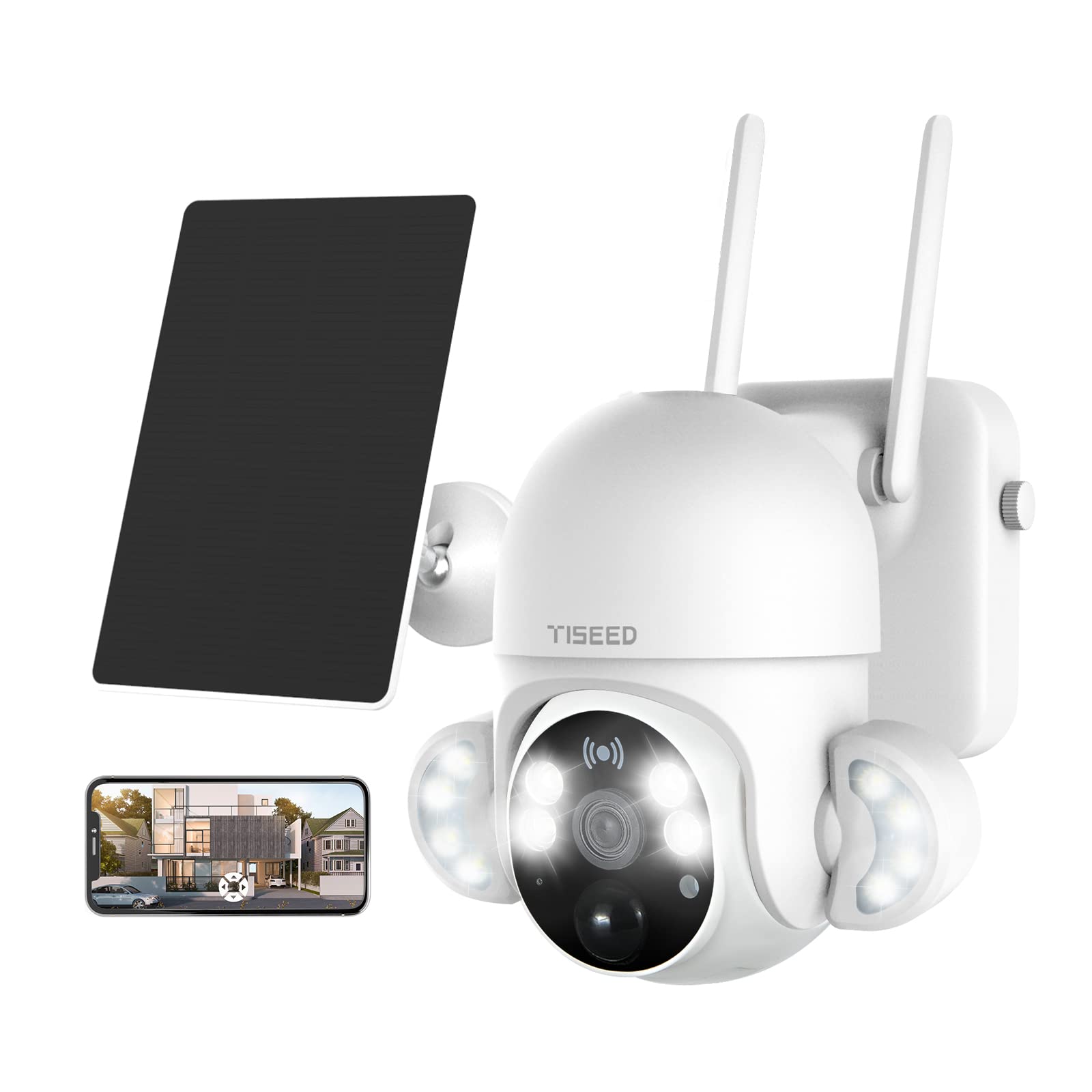 TISEED Security Cameras Wireless Outdoor, Solar Security Camera 360°-View, PTZ Wireless Outdoor Camera 2.4G WiFi PIR Motion Detection, Floodlight Outdoor Camera 10400mAh Color Night Vision Waterproof