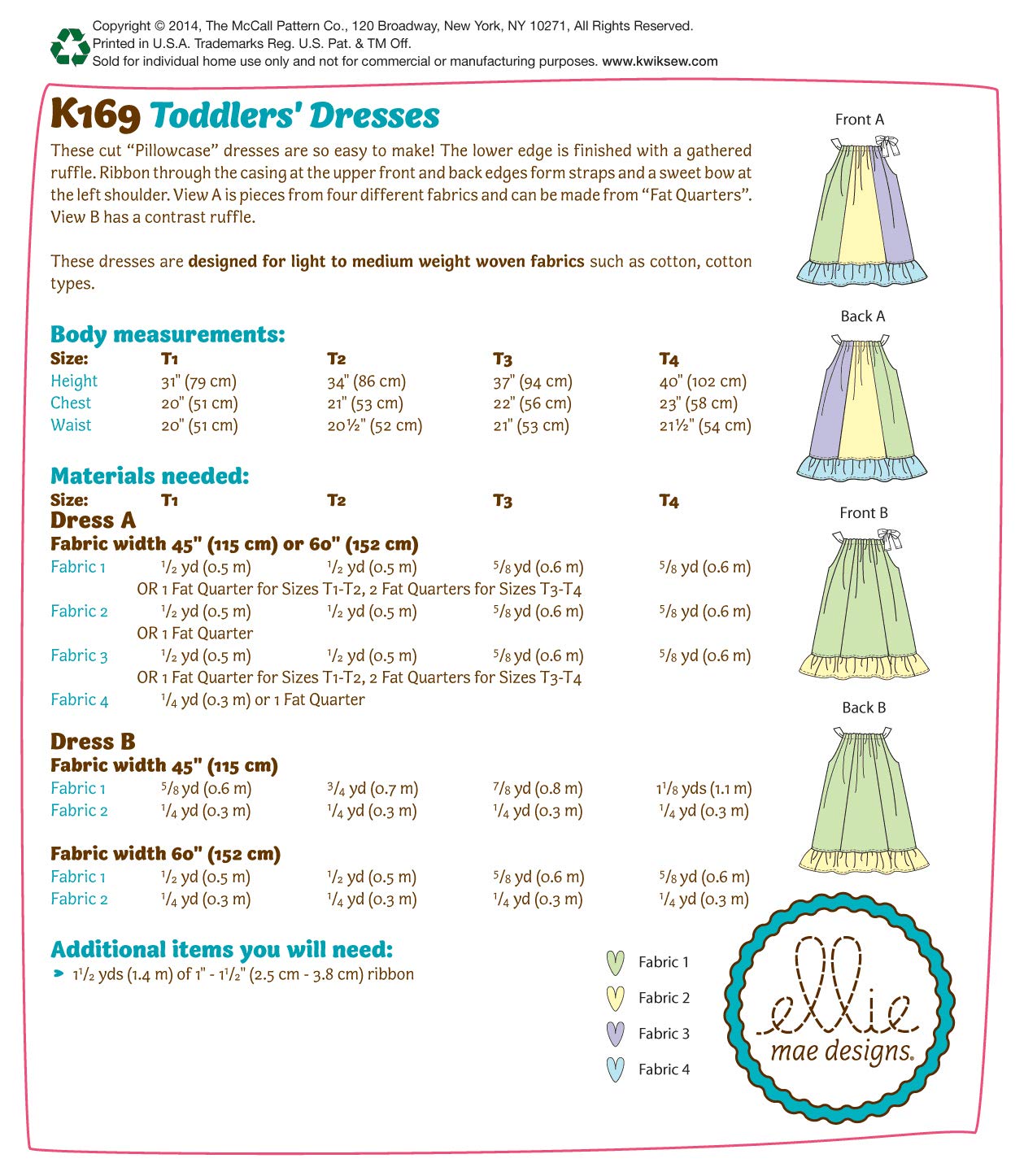KWIK-SEW PATTERNS K0169 Toddlers' Dresses