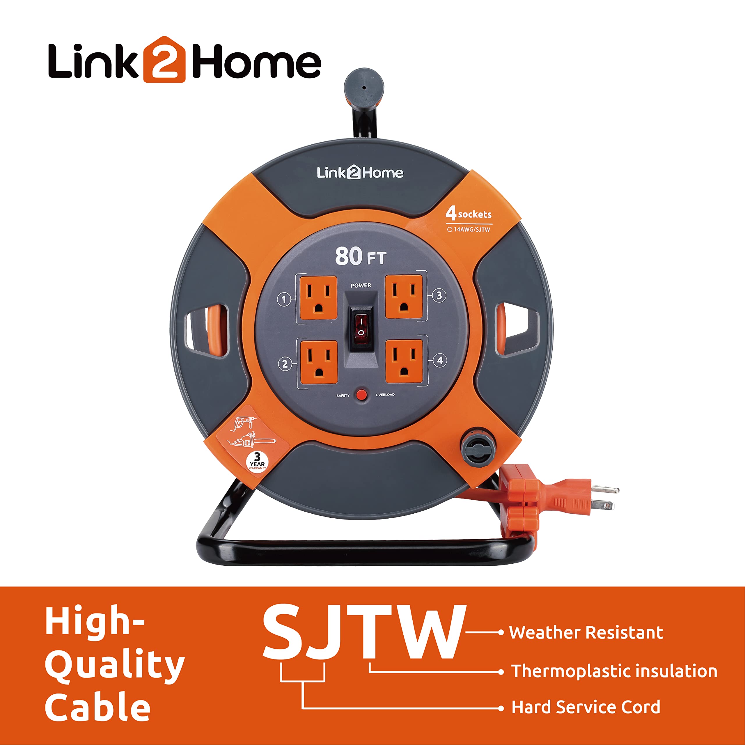 Link2Home Cord Reel 80 ft. Extension Cord 4 Power Outlets β 14 AWG SJTW Cable. Heavy Duty High Visibility Power Cord.