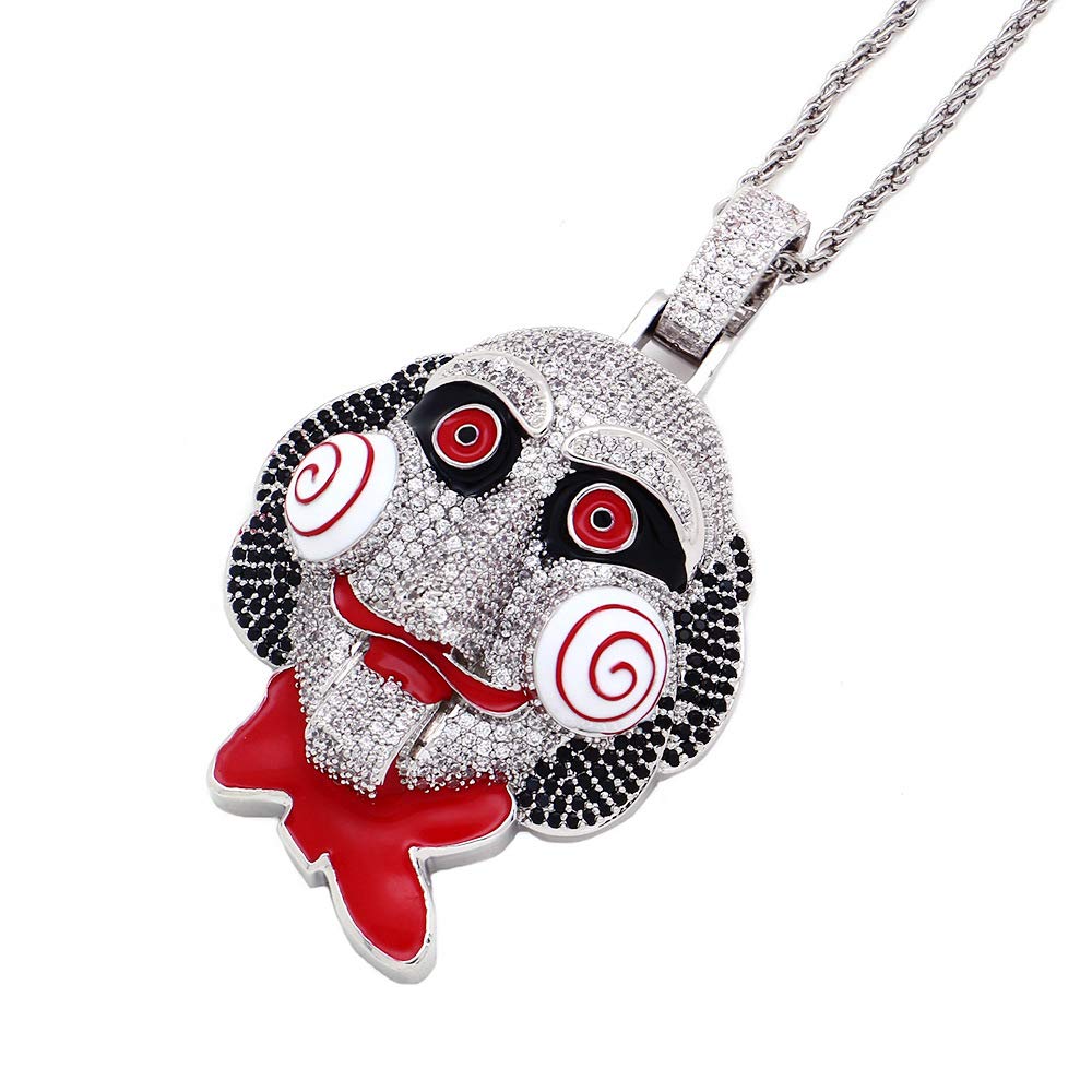 KMASAL Hip Hop Iced Out Bling Chain Clown 69 Pendant Halloween Cosplay Horrifying Inspired Necklace with 24" Rope Chain (Silver)