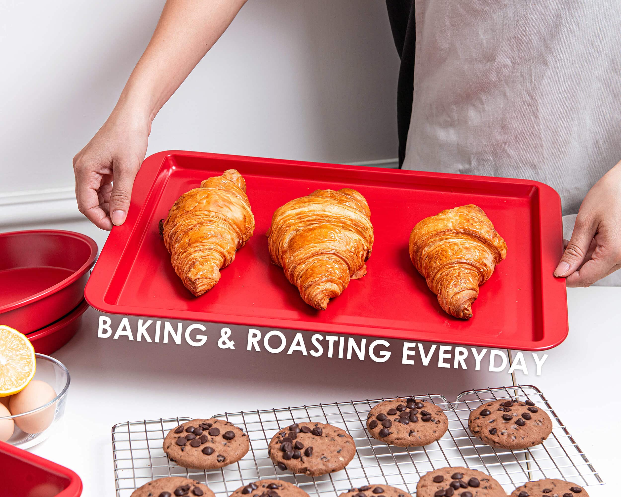 Rorence Nonstick Steel Bakeware Set: Cookie Sheet, Rectangular Cake Pan, 2 Round Cake Pans, Muffin Pan, Loaf Pan & Cooling Rack - Set of 7 - Red