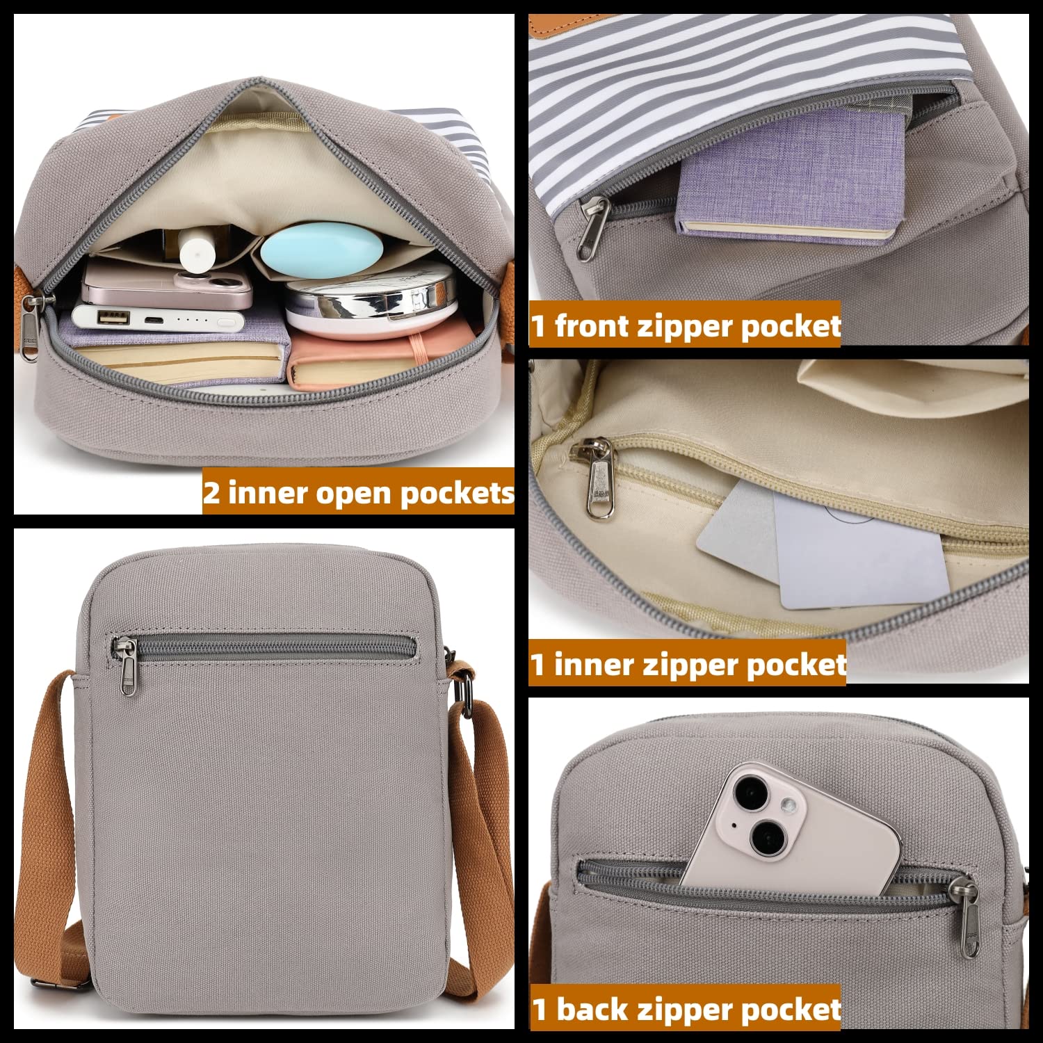 Leaper Girls Crossbody Purses 2 PCS Stripe Messenger Bag Canvas Crossbody Bag and Purse Set for Women Stripe Gray
