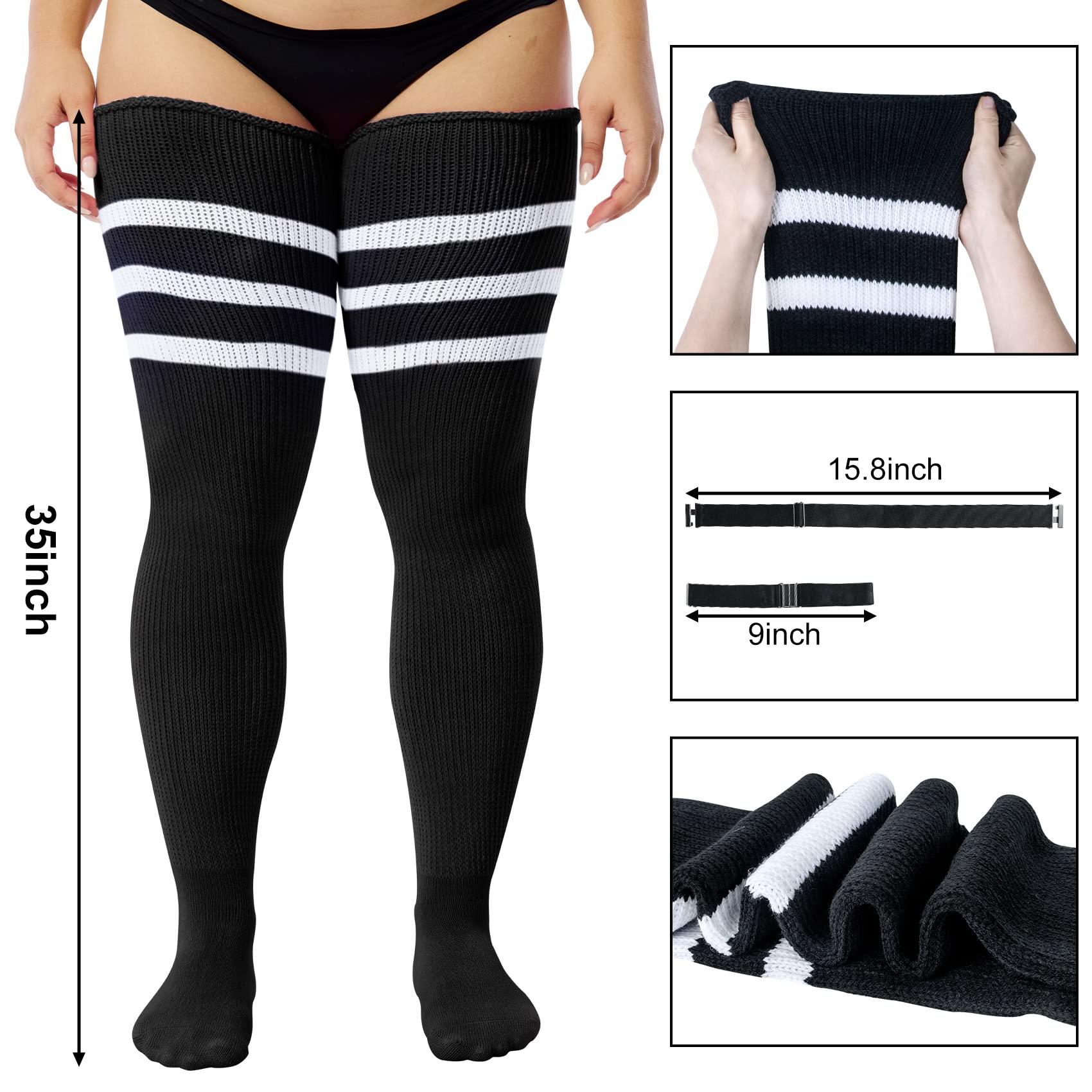 Qupish Plus Size Thigh High Socks for Thick Highs Extra Long Leg Warmers Knit Over The Knee High Socks for Women(Strip- Black)