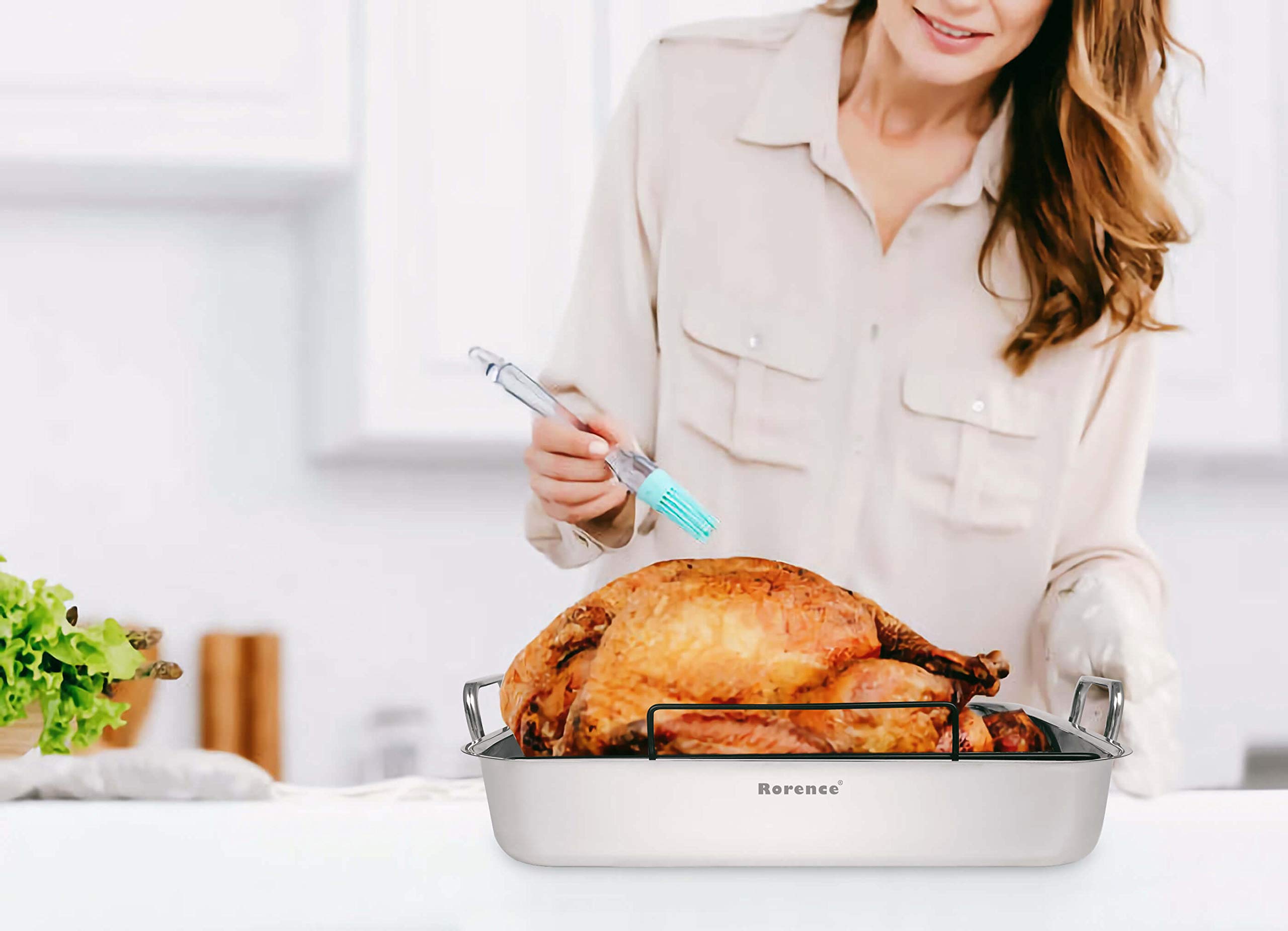Rorence Roasting Pan with Rack: 16-Inch Stainless Steel Rectangular Turkey Roaster pan with Nonstick V-Shaped Rack for Thanksgiving Christmas – Set of 5