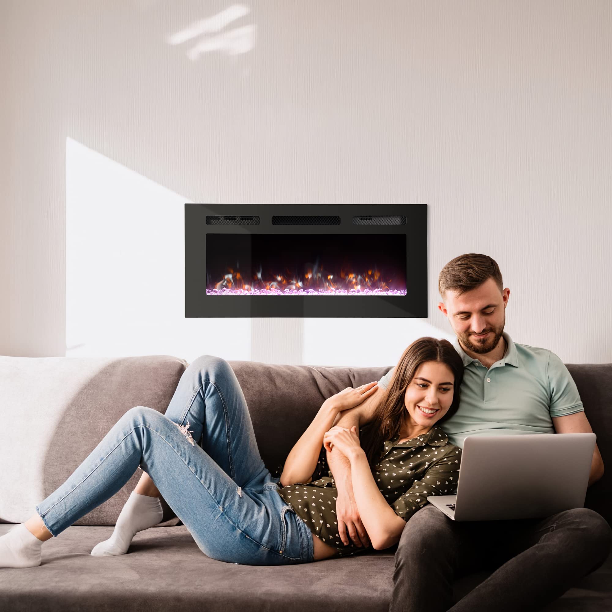 PAOLFOX 36 inch Electric Fireplace Insert,Wall Mounted,Wall Fireplace Electric with Remote Control,Linear Fireplace,Led Fireplace Recessed,12 Flame Colors