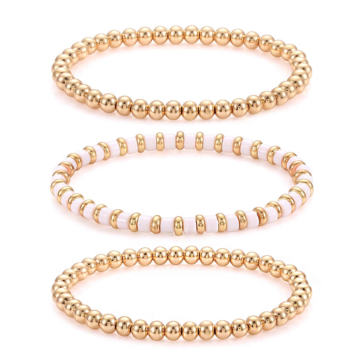 NVENF Gold Bead Bracelets Colorful Tile Bracelet Bangles for Women Stackable Brass Ball Beaded Stretch Bracelets Elasticated White Enamel Bracelets Anniversary Bridal Gift (White)