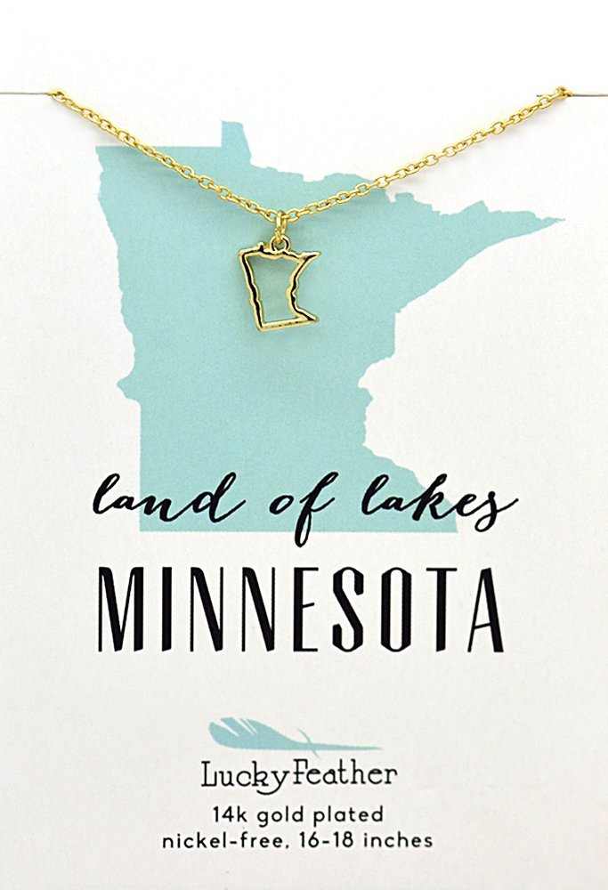 Lucky Feather Minnesota Shaped State Necklace, 14K Gold-Dipped Pendant on Adjustable 16”-18” Chain
