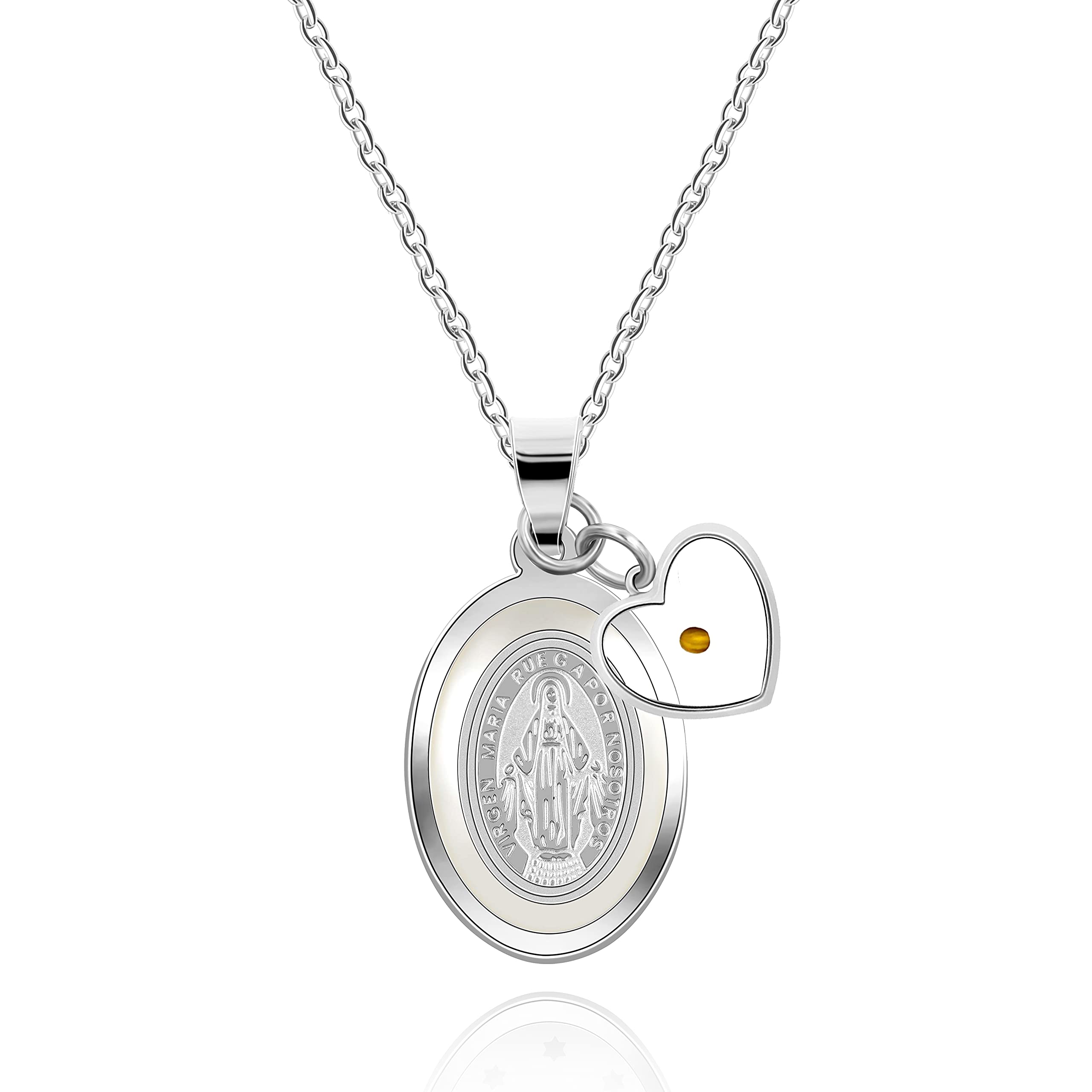 NA Oval Virgin Mary Mustard Seed Christian Pendant Religion Necklace for Women, Stainless Steel Prayer Faith Jewelry (White)