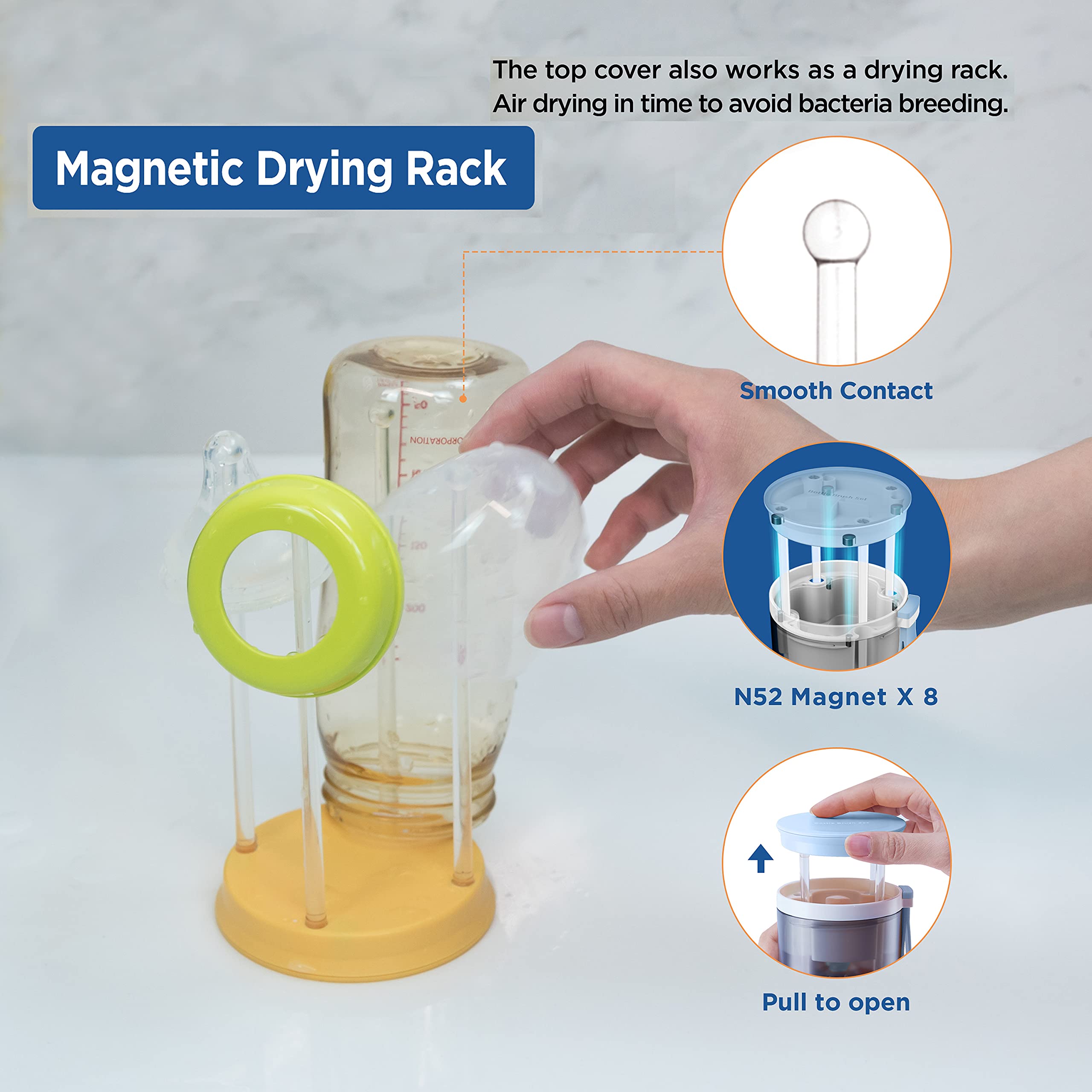 TechoEcho Travel Baby Bottle Brush Set with Extendable Liquid Silicone Bottle Brush,Nipple Brush,Built-in Bottle Drying Rack,Straw Cleaner Brush,Baby Bottle Soap Dispenser,Bottle Warmer(Yellow&Blue)