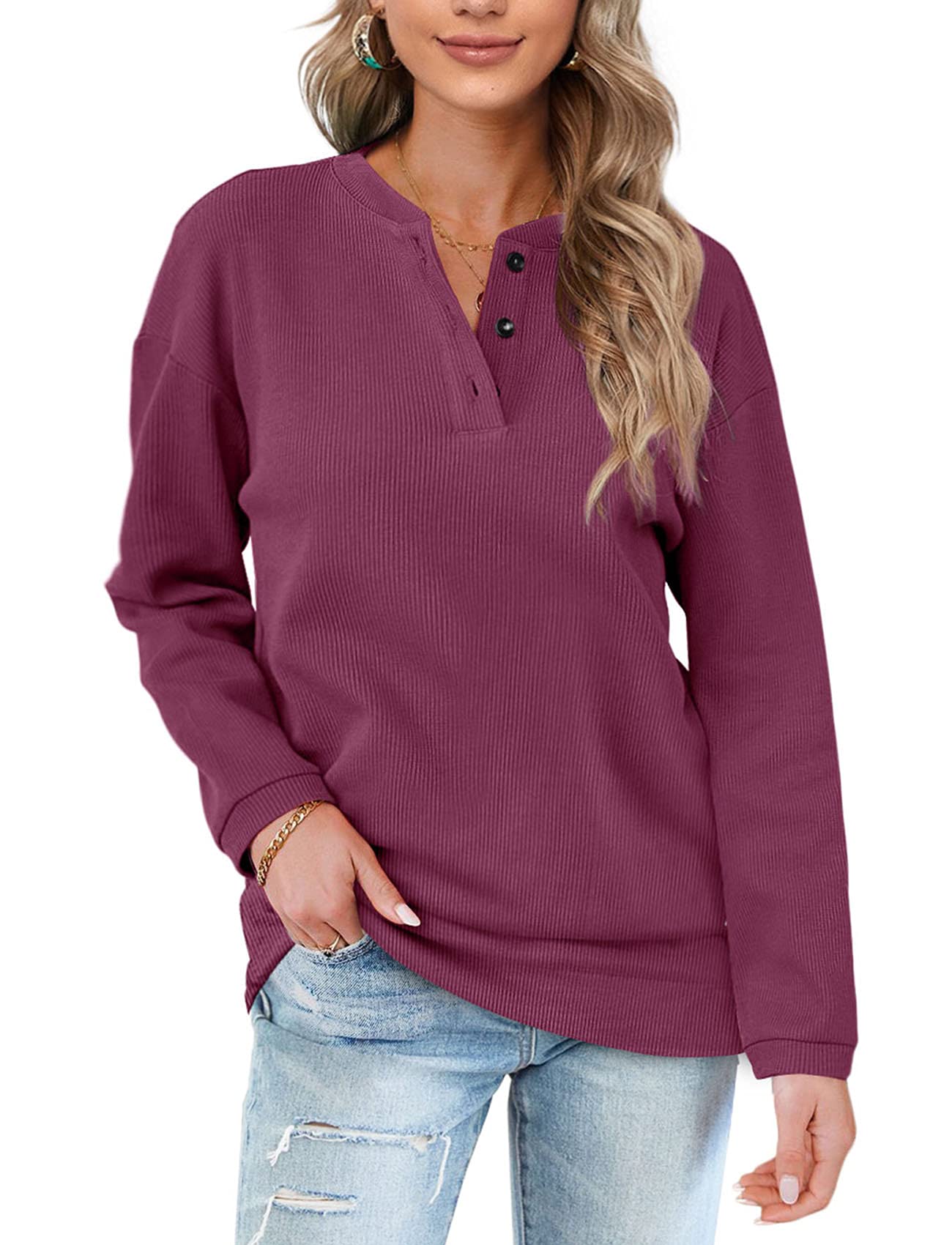 OFEEFAN Comfy Sweatshirts For Women Crew Neck Tunic Tops To Wear With Leggings Deep Purple L
