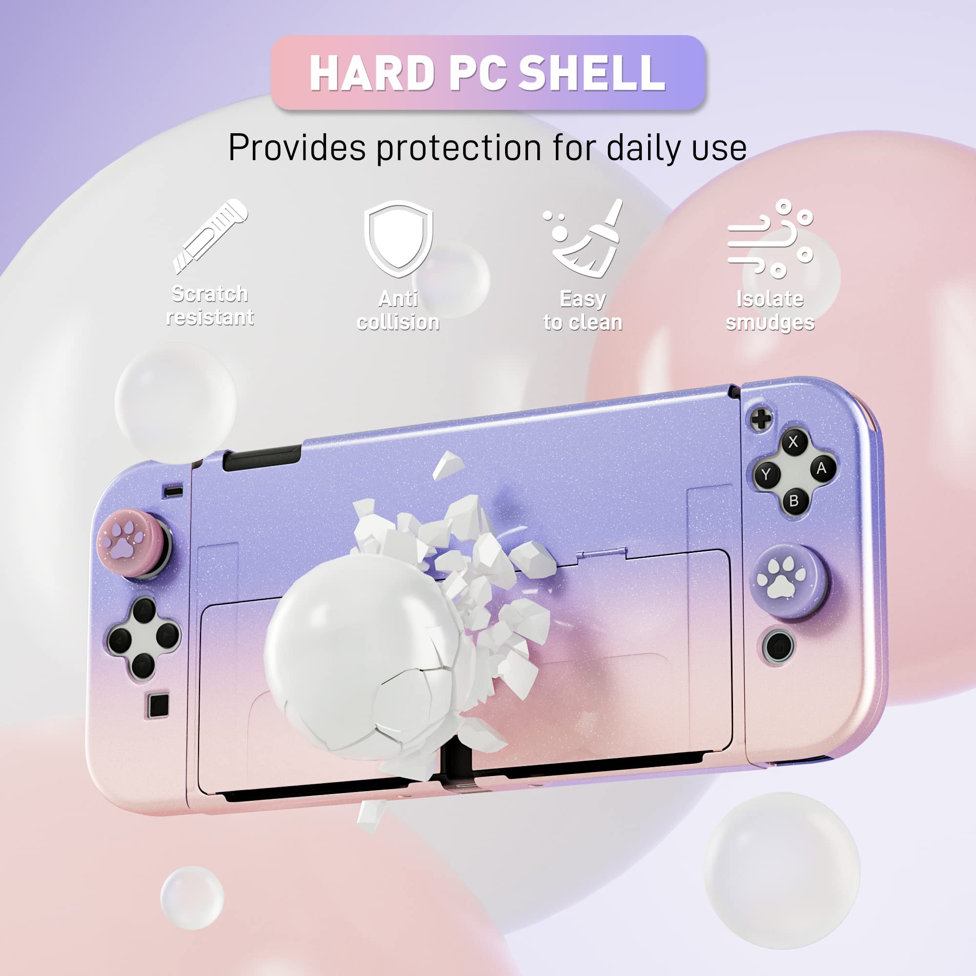 RHOTALL Glitter Gradient Color Shell Compatible with Nintendo Switch OLED, Hard Protective Cover Case for Switch OLED and Joycon Controller with 2 Glitter Cat Paw Thumb Cap (Pink-Blue)