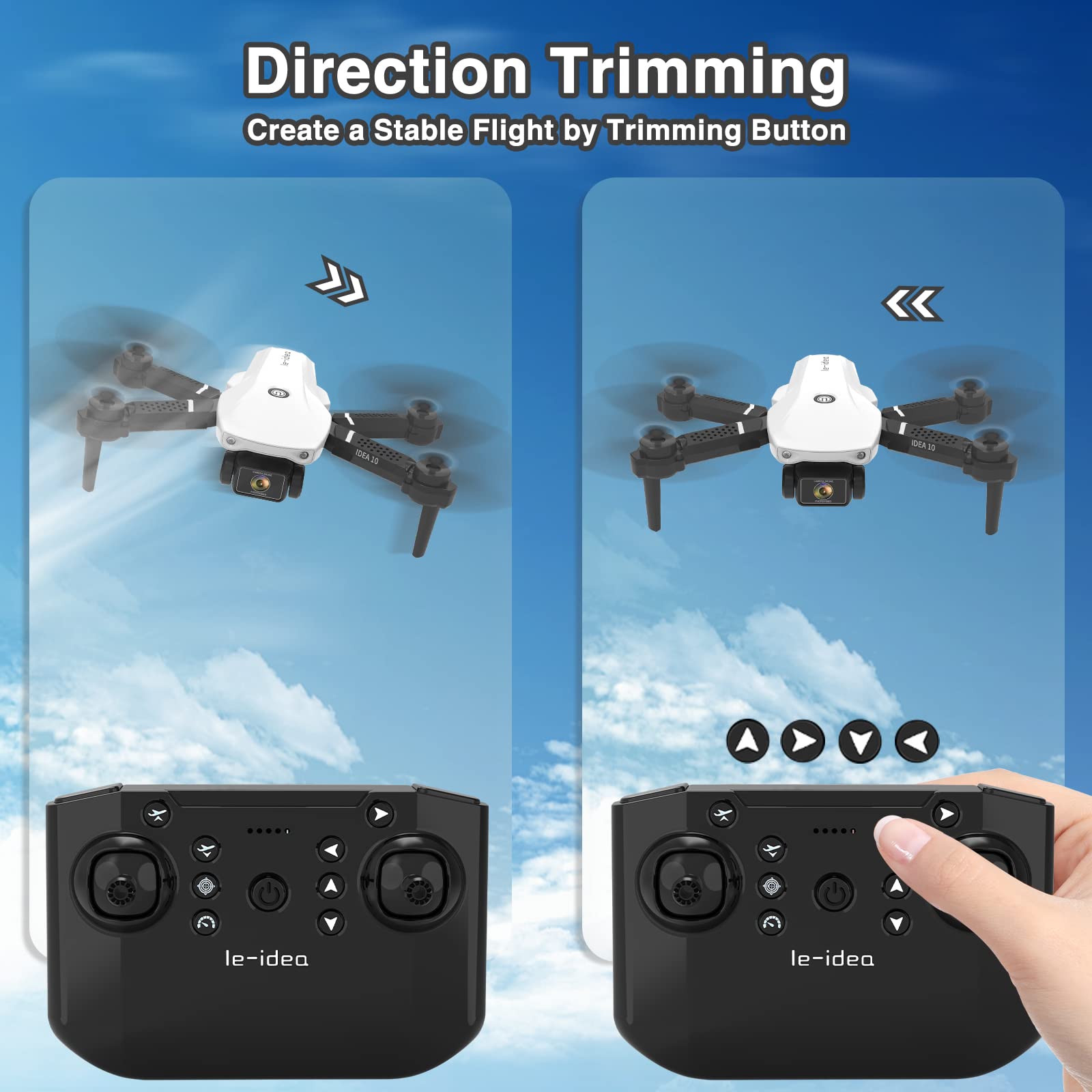 le-idea Mini Drone with Camera, 2 Cameras IDEA10 FPV Drones 720P HD, Foldable RC Quadcopters with Optical Flow Positioning Helicopter for Beginners, 3D Flips, 2 Batteries