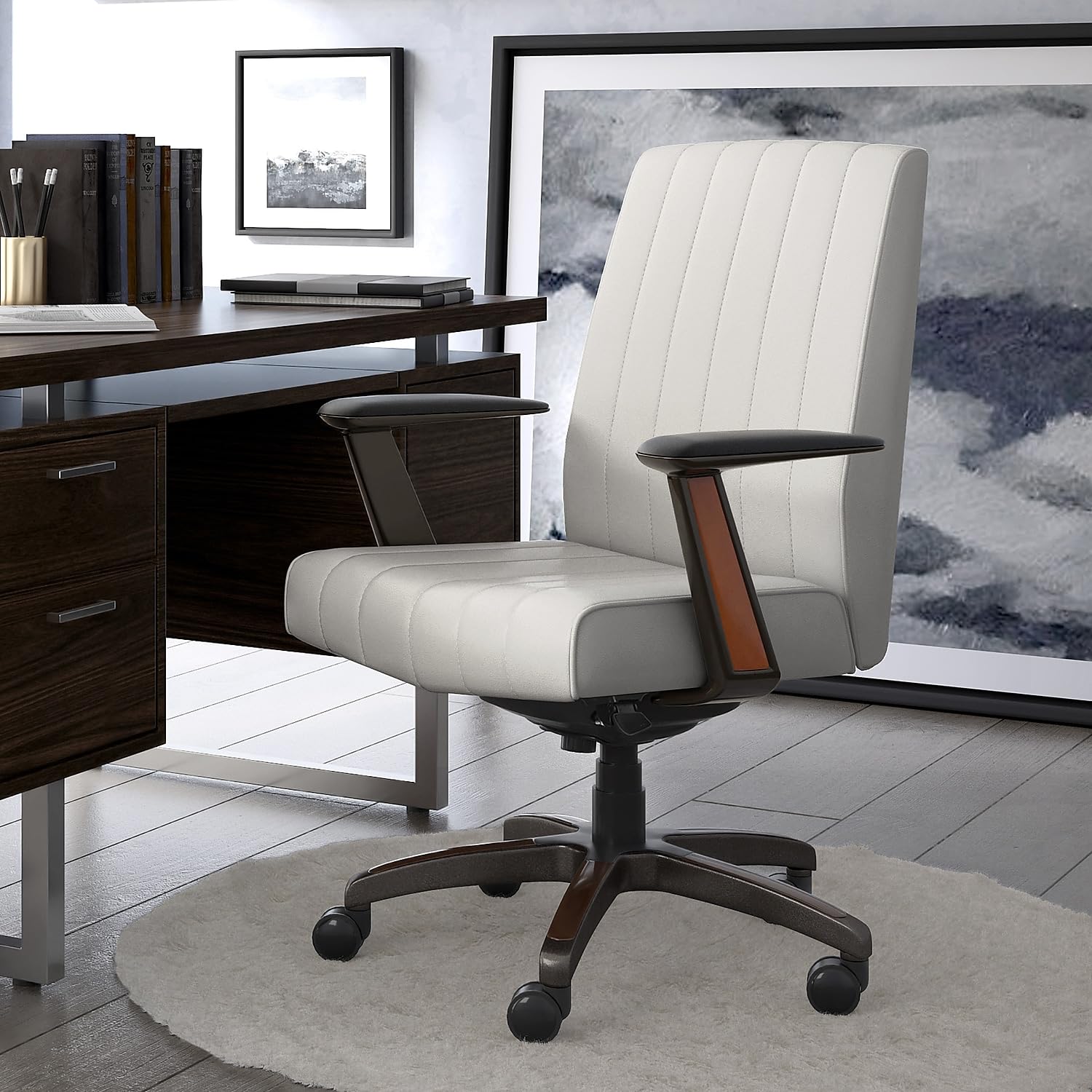 La-Z-Boy Bennett Modern Executive Lumbar Support, Rich Wood Inlay, High-Back Ergonomic Office Chair, Bonded Leather, White