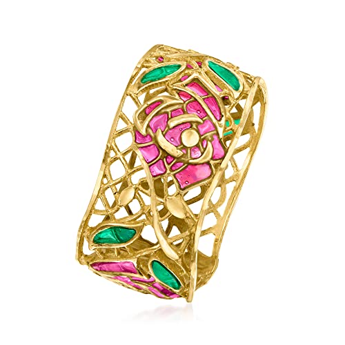 Ross-Simons Italian Pink and Green Enamel Rose Ring in 14kt Yellow Gold. Size 8