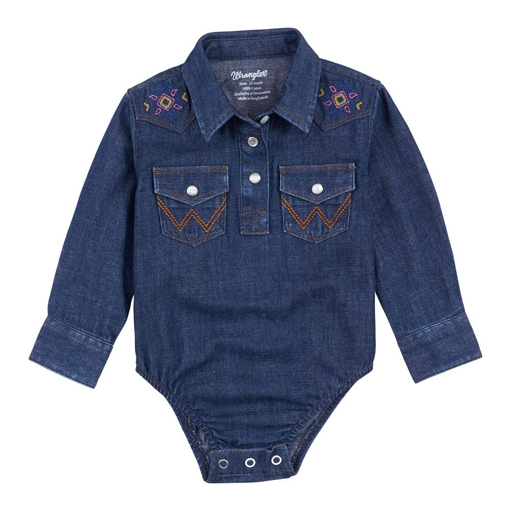 Wrangler 112317545 Baby Girls Denim Embroidered Bodysuit Denim 3-6M