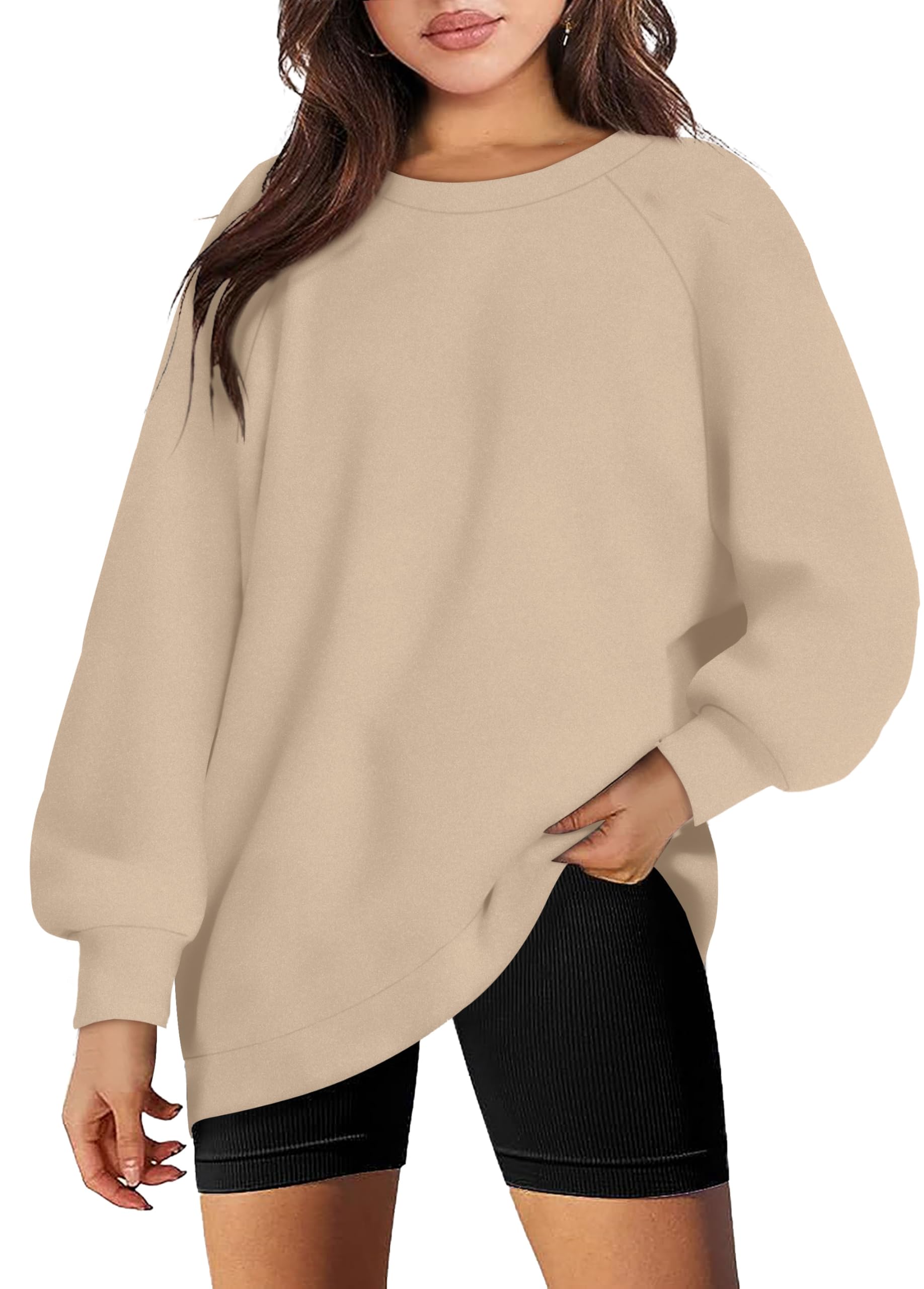OFEEFAN Oversized Sweatshirt for Women Fleece Pullover Long Sleeve Tops Crewneck Casual Sweater Y2K Trendy Comfy Cute Fall Clothes Hoodies Khaki L