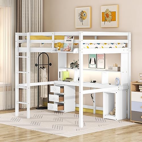 WADRI Full Size Loft Bed with Multi-Storage Desk, Wood Loft Bed Frame with LED Light and Bedside Tray, Loft Bed with Charging Station for Kids Teens Adult, Space-Saving Design