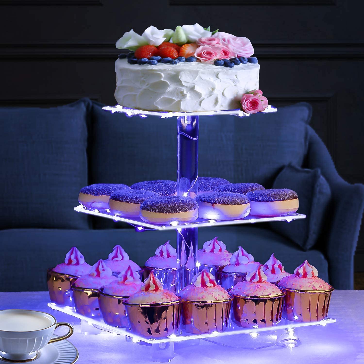 Pastry Stand 3 Tier Acrylic Cupcake Display Stand Light up Cake Stand Cupcake Holder Pastry Serving Platter Candy Bar Party Décor Wedding Birthday Holidays,Christmas(Blue Light)…