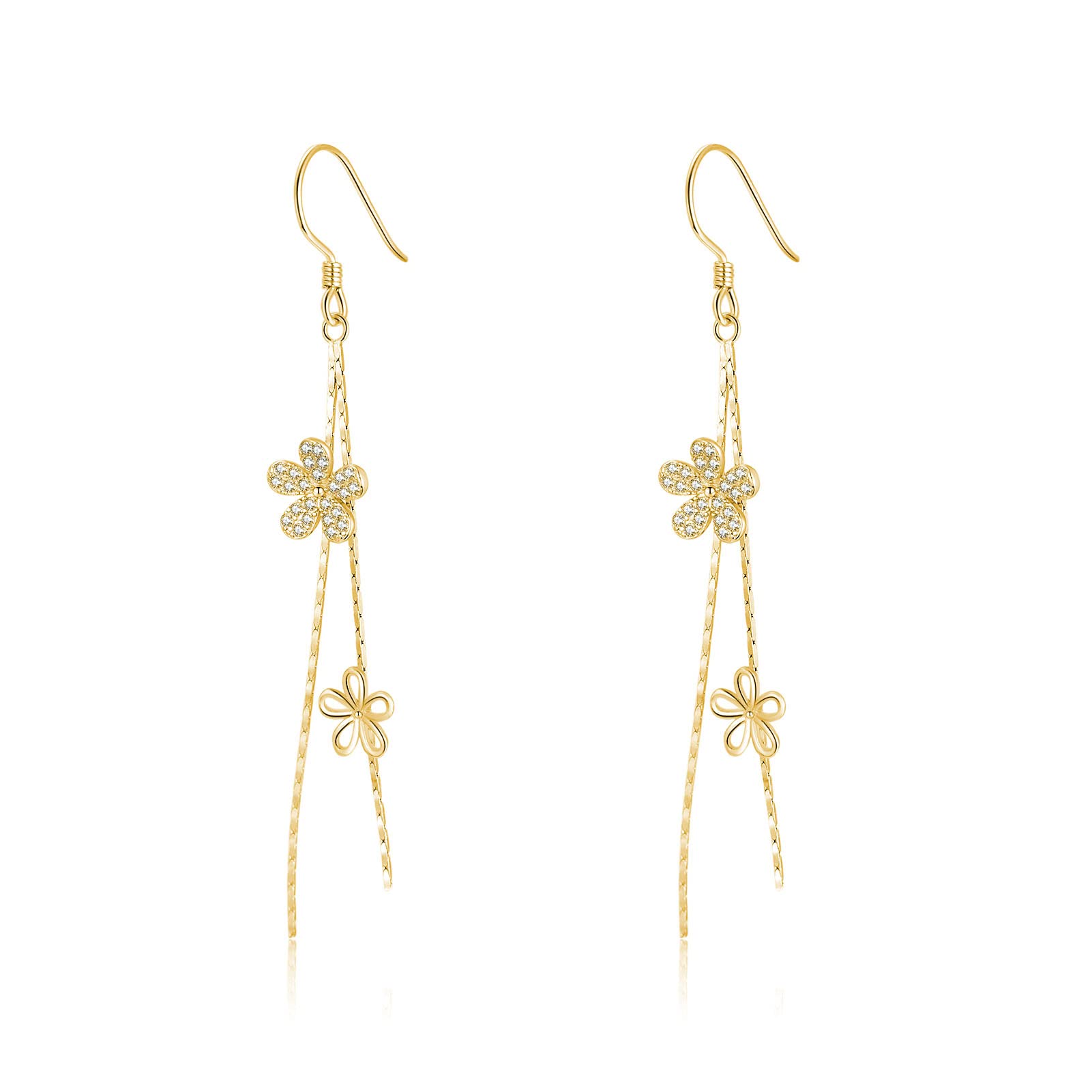 SLUYNZ Sterling Silver CZ Flower Dangle Earrings Chain for Women Teen Girls Flower Drop Earrings Wedding Tassel (B-Gold)