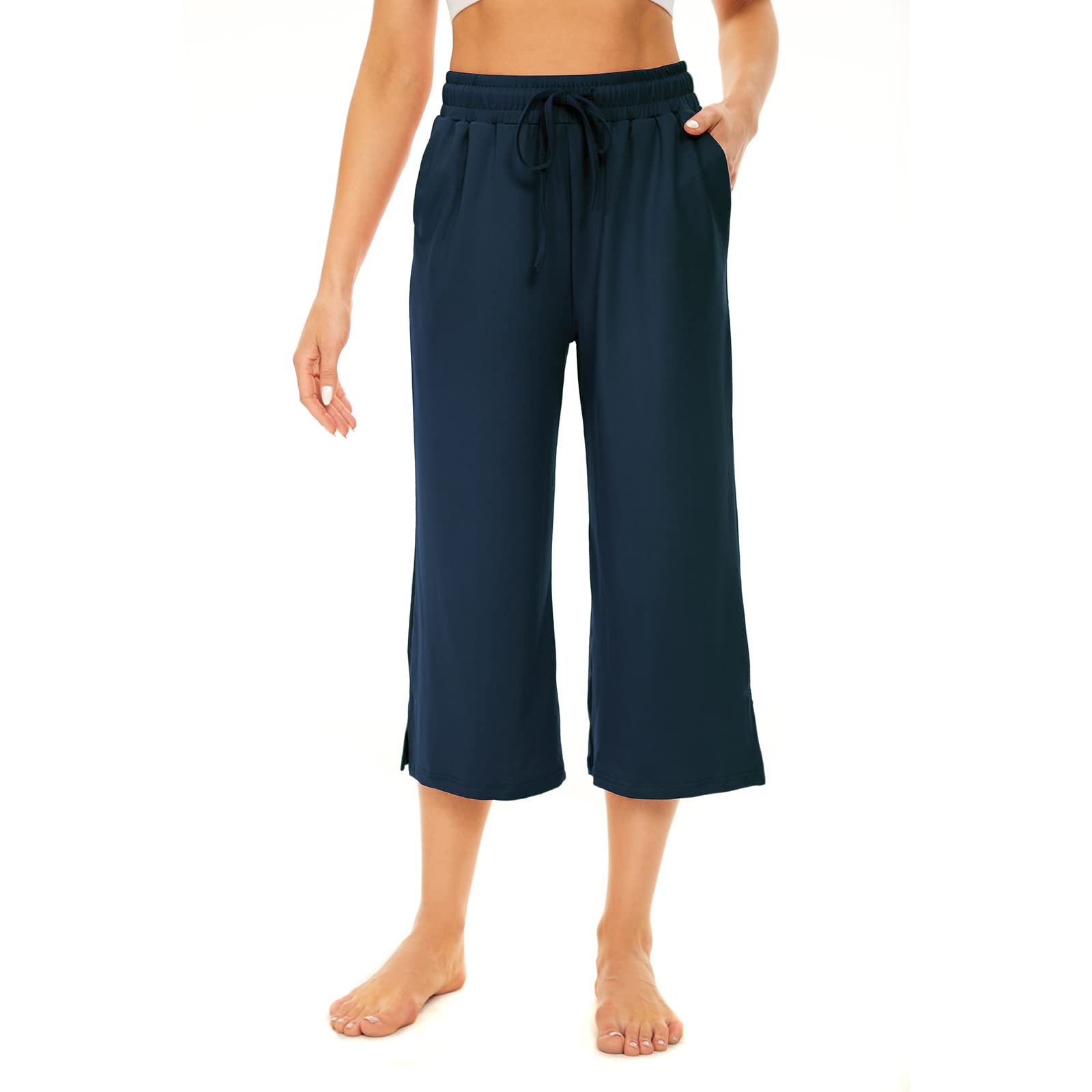 MOKITOUL Womens Wide Leg Capri Pants Loose Yoga Pants Drawstring Comfy Lounge Sweatpants with Pockets Navy