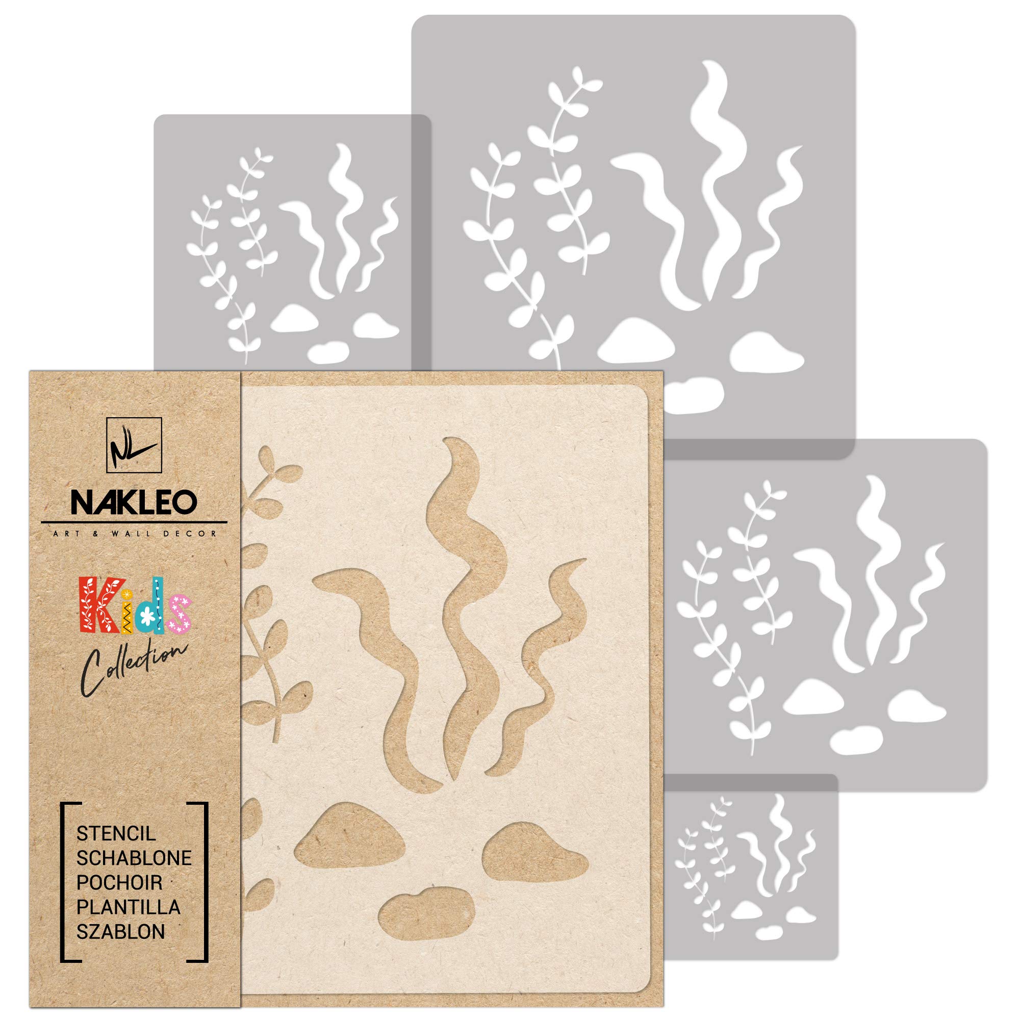 NAKLEO 5 pcs Reusable Plastic Stencils - Seaweed Algae Aquarium - 13.4" to 3.5" - Pattern Children Kids Painting Template Room Decor - Craft DIY Wall Furniture