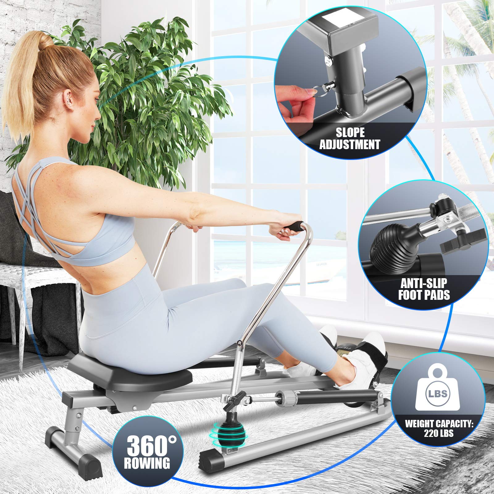 Rowing Machines for Home Use, Foldable Rowers with 12 Level Smooth Hydraulic Resistance,&LCD Monitor, Max 250lb Weight Capacity (Training Silver)