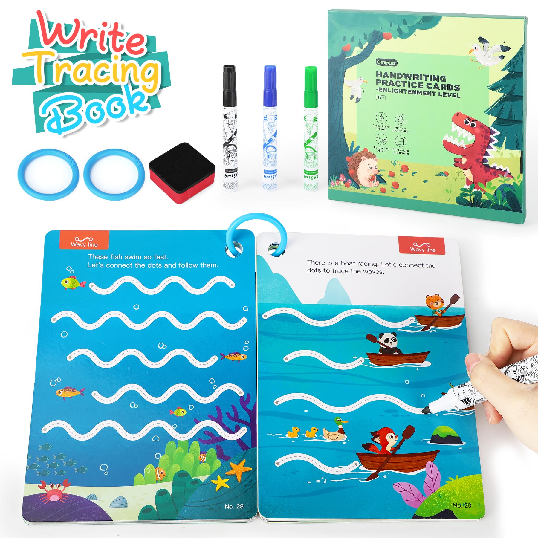 URMYWO Preschool Learning Activity Book Handwriting Educational Workbook, 60 Pages Reusable Learn to Write Practice Activity Tracing Letters Busy Book Gift Toys for 1 2 3 4 Year Old Boy Girl