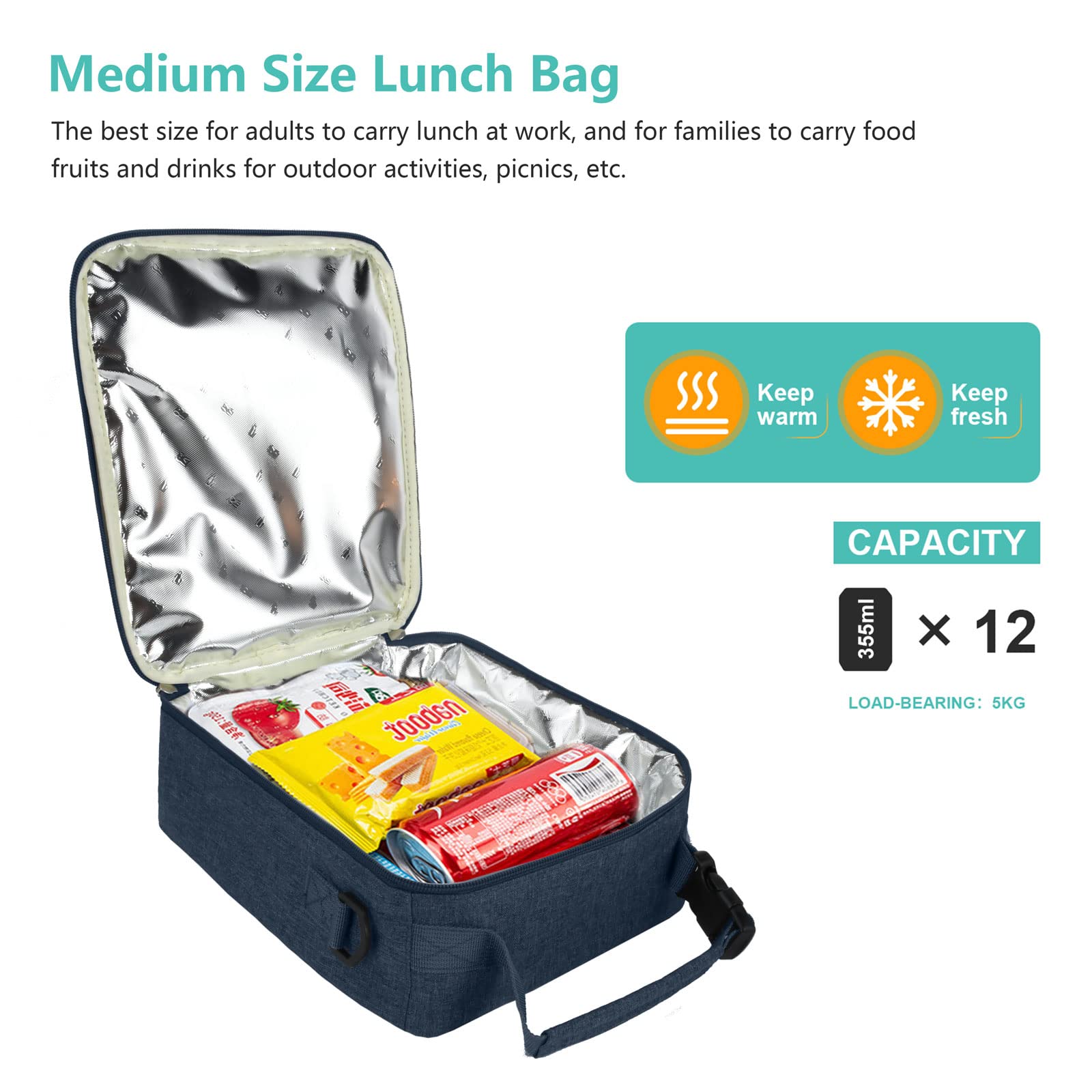 kissleaf Insulated Lunch Bag, Reusable Lunch Box for Men Women, Leakproof Cooler Small Lunch Bag with Adjustable Shoulder Strap for Adults Small