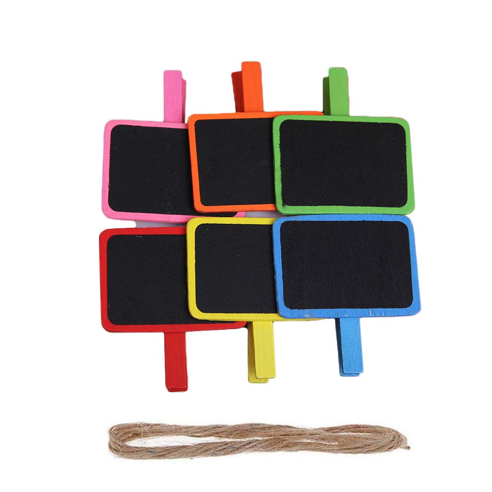 Retzjorv Vpang Mini Blackboard Clips 30 Pcs Colorful Wooden Chalkboard Label Clips Message Board Clips Clothespins Sign Blackboard for Wedding Party Table Decorations with Jute Twine
