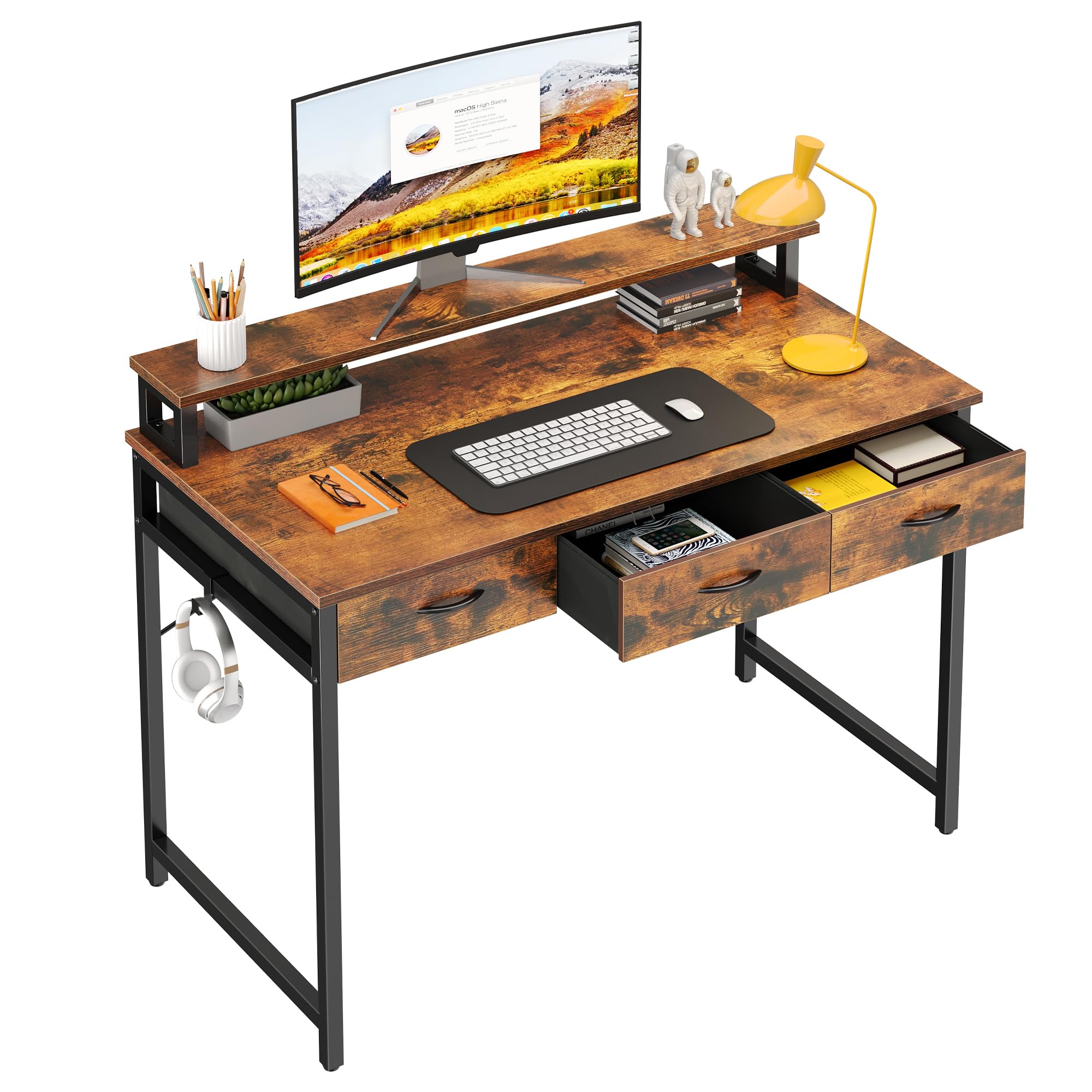 YITAHOME Small Computer Desk with Drawers, Office Desk with Monitor Stand for Small Spaces, Home Office Desks, Writing Desk Study Desk with Hooks, 31.4 x 19.7, Rustic Brown