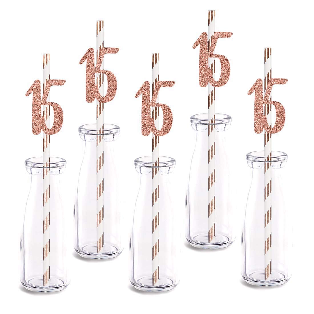 Rose Happy 15th Birthday Straw Decor, Rose Gold Glitter 24pcs Cut-Out Number 15 Party Drinking Decorative Straws, Supplies