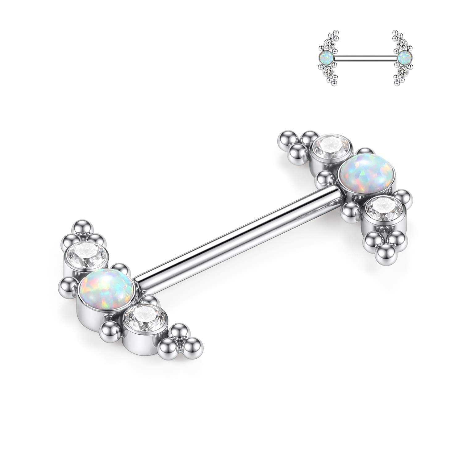 PEAKLINK G23 Titanium Nipple Barbell 14G Threaded Nipple Ring Silver Opal CZ Body Piercing Jewelry for Women 16mm