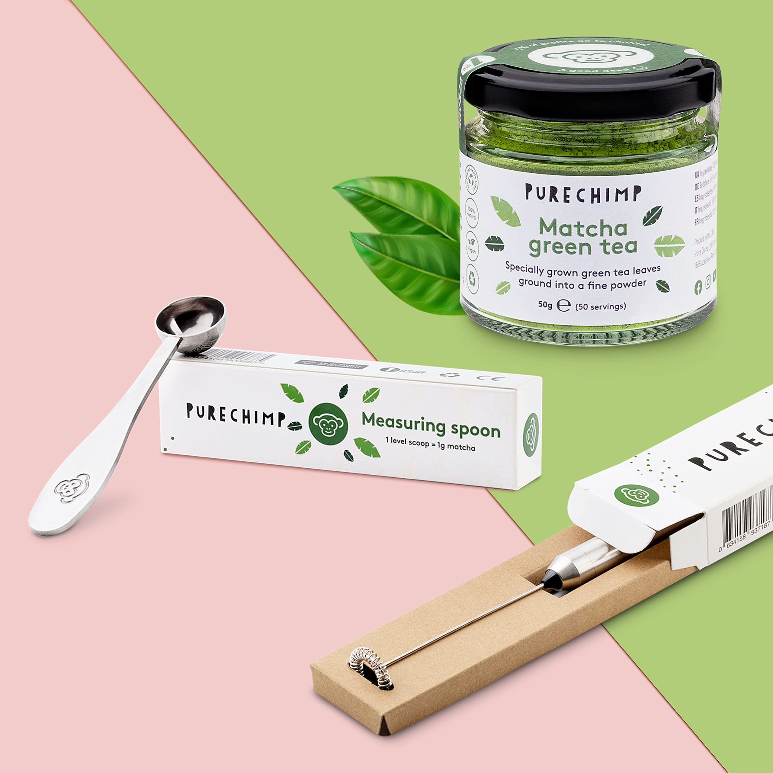 PureChimp Modern Matcha Set β Starter Kit with Electric Matcha Whisk, 50 Grams of Japanese Matcha, and Stainless Steel Measuring Spoon