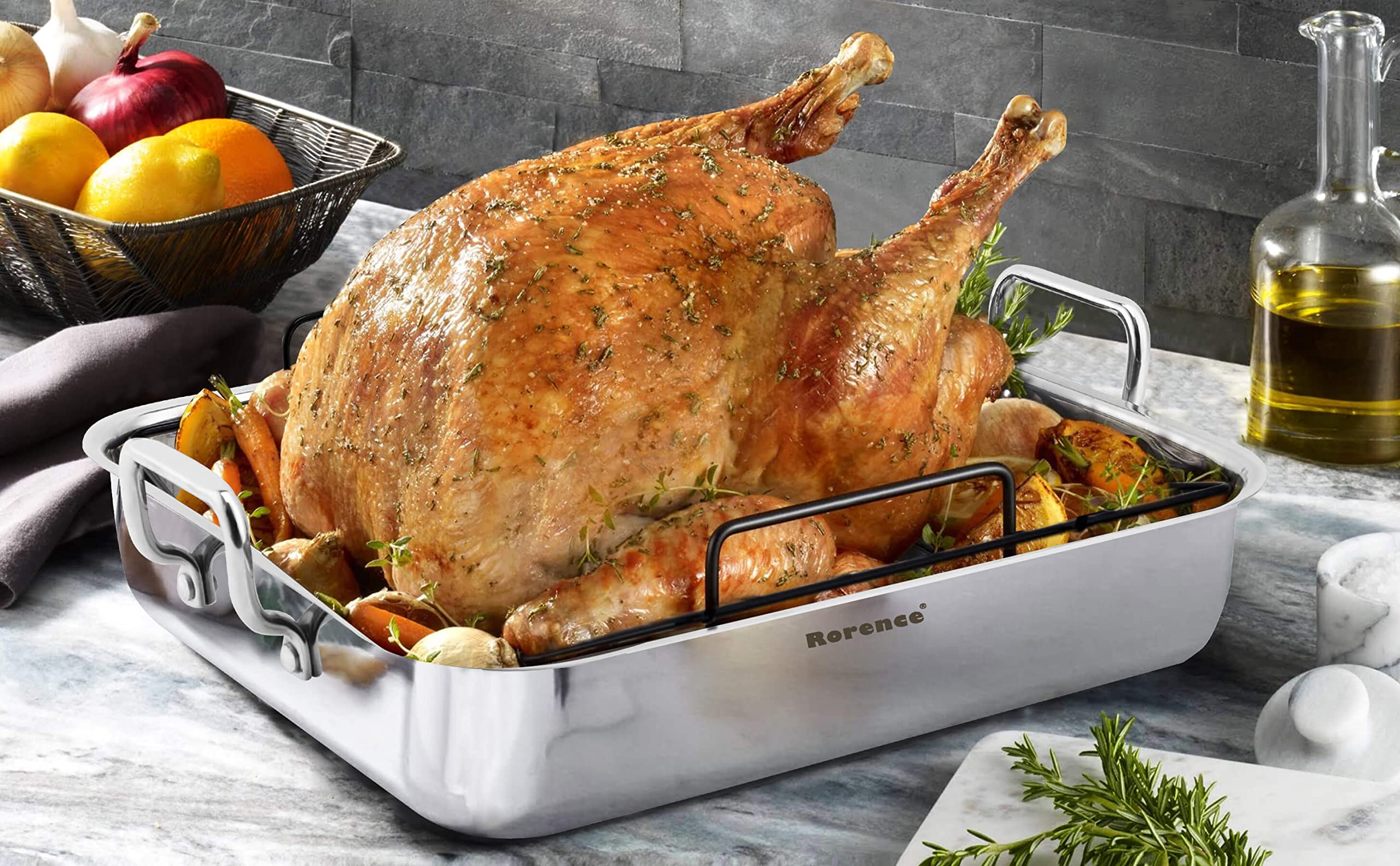 Rorence Roasting Pan with Rack: 16-Inch Stainless Steel Rectangular Turkey Roaster pan with Nonstick V-Shaped Rack for Thanksgiving Christmas – Set of 5