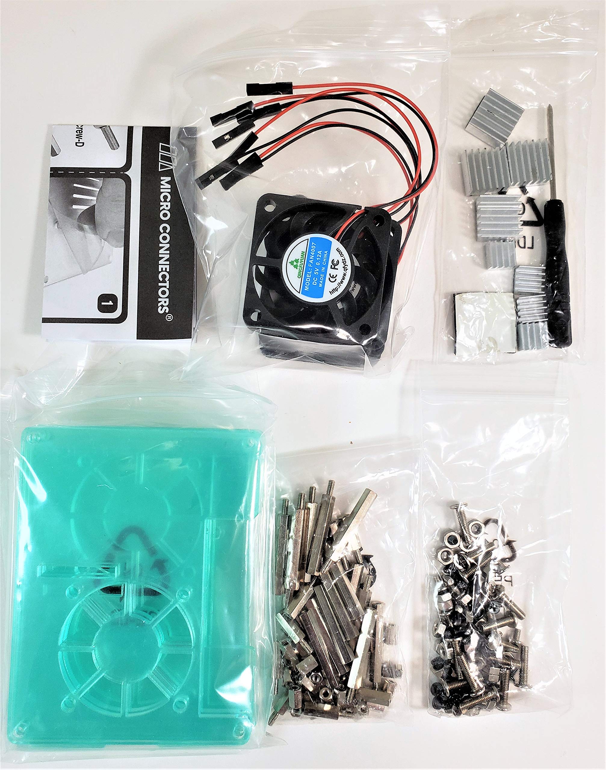 Micro Connectors Four (4) Layer Stackable Acrylic Raspberry Pi 3 Case for Model B B+ and Pi 4 Enclosure with Fan and Heatsinks - Clear (RAS-PCS46)