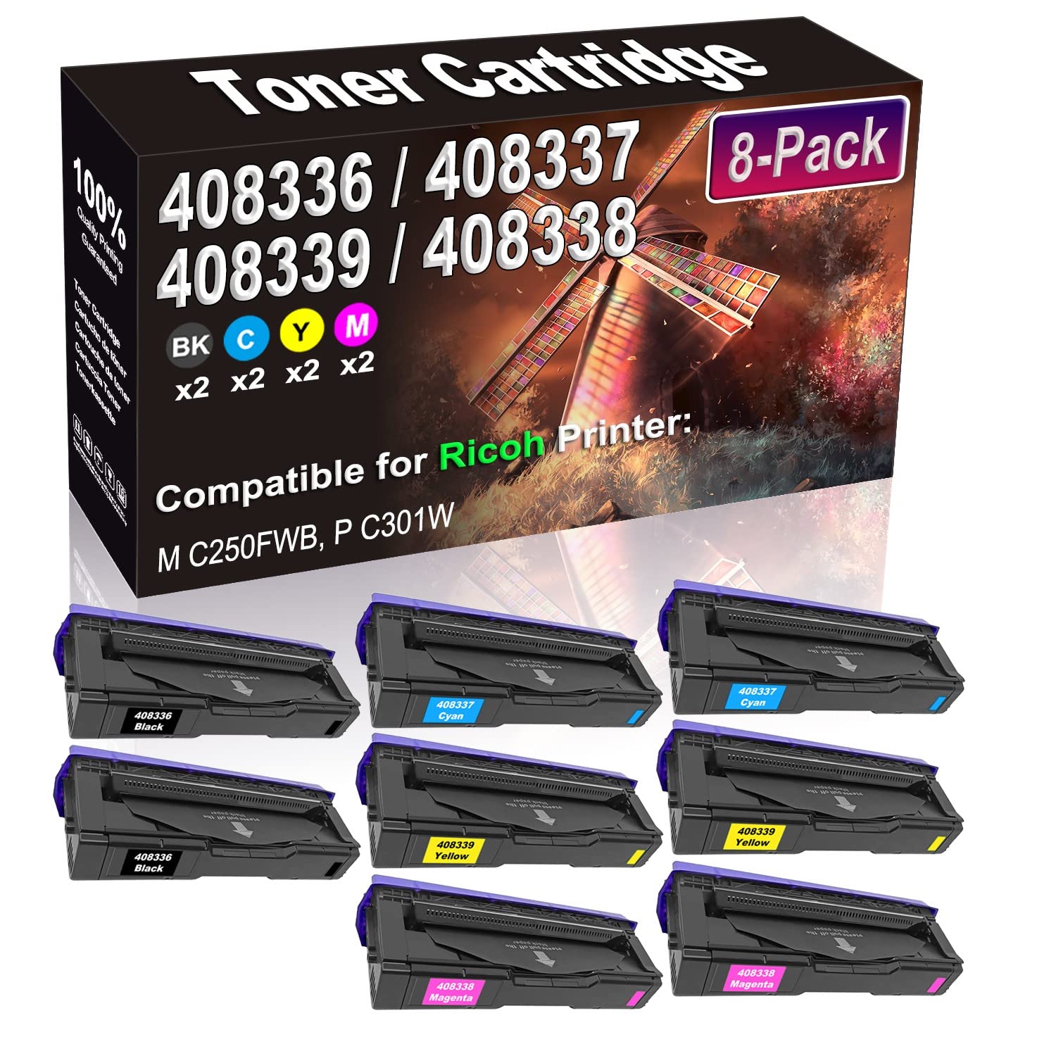 Kolasels 8-Pack (2BK+2C+2Y+2M) Compatible M C250H 408336 408337 408339 408338 Toner Cartridge (High Yield) to Used for Ricoh M C250FWB P C301W Printer