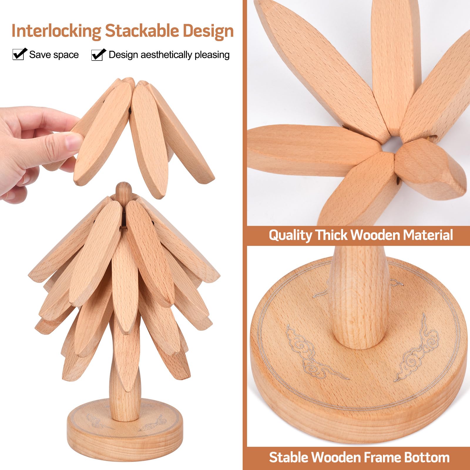 Wooden Trivets for Hot Dishes, Tree Shape Trivet Set,Trivets for Hot Dishes Store Like a Christmas Tree - 5 Wooden Trivet + 1 Stand(Beech Wood)
