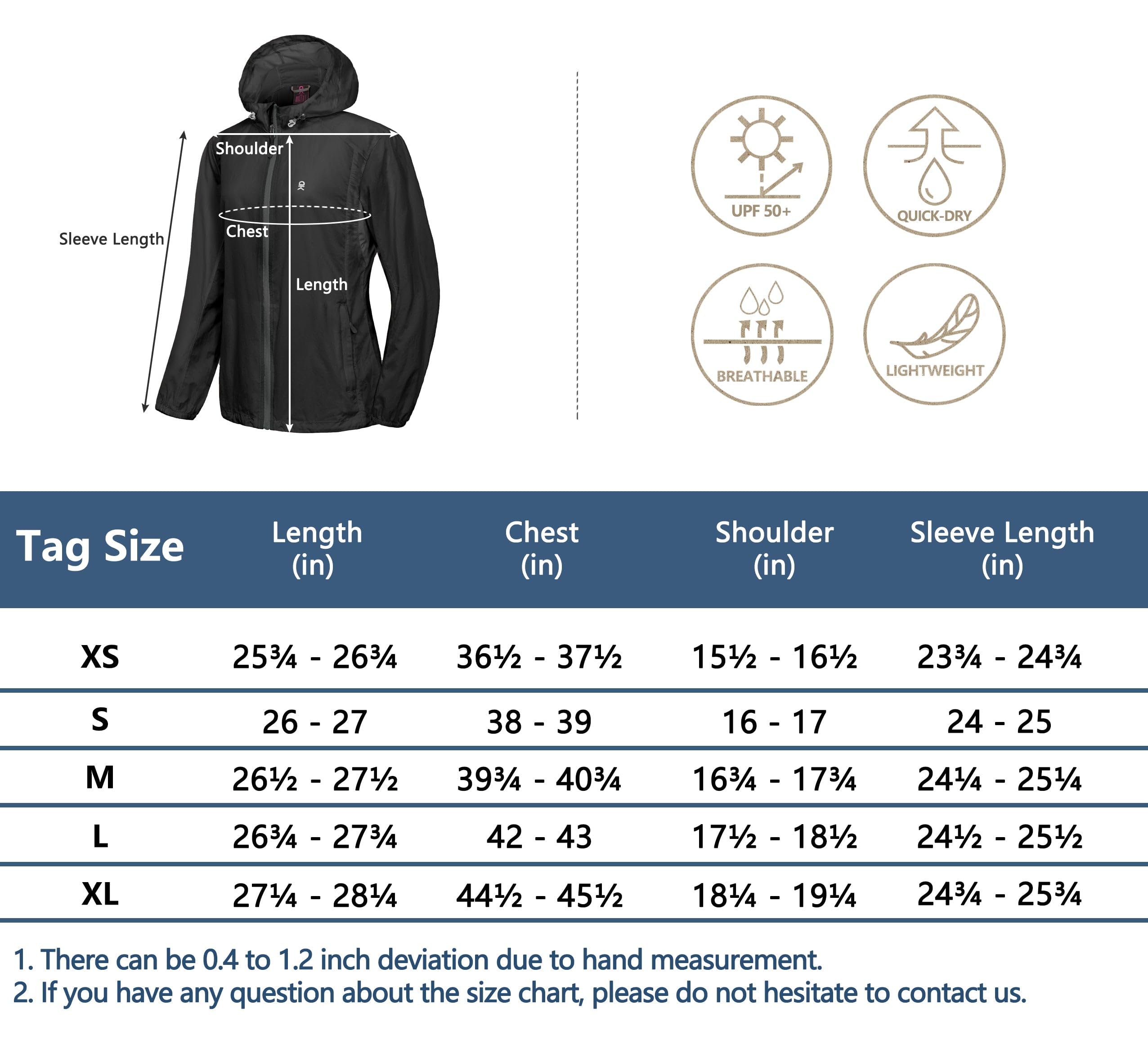 Little Donkey Andy Women's Full Zip Sun Protection Hoodie Jacket Long Sleeve Shirt Running Hiking Golf Water Repellent UPF50 Black Small