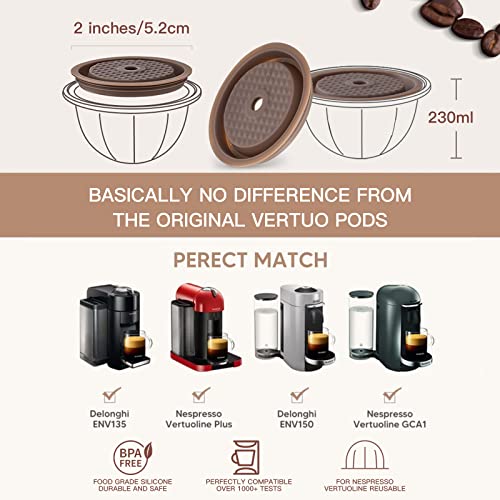 Reusable Coffee Capsule Lids for Original Nespresso Vertuoline Pods, Food Grade Silicone Caps for Refillable Nespresso Vertuo Pods with Scoop and Brush, 4 PCS(Brown)