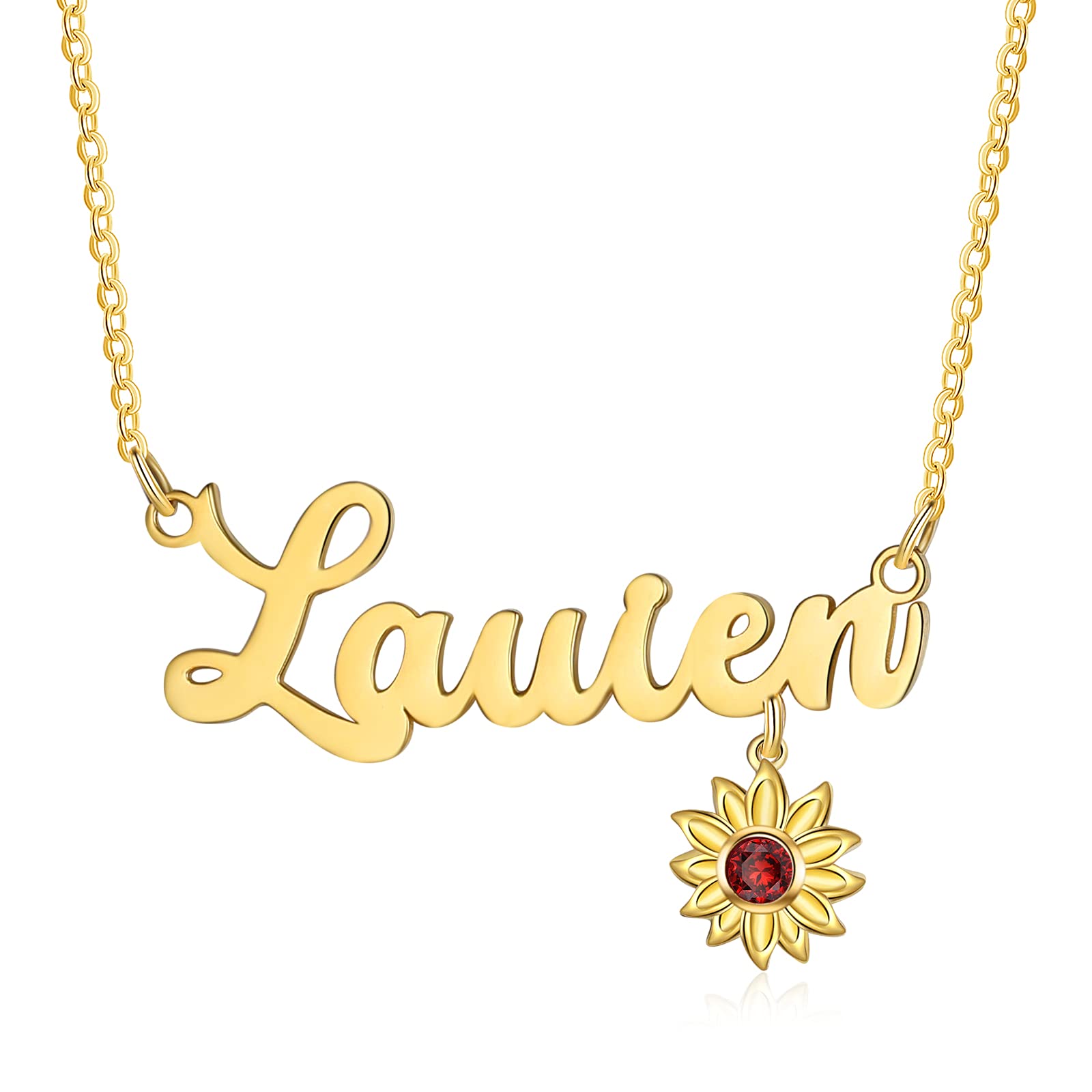 Personalized Name Sunflower Necklace with Simulated Birthstones Gold Name Custom Necklace for Women Sunflower Jewelry Sunflower Birthday Gift for Girlfriend Mother (Gold-2)
